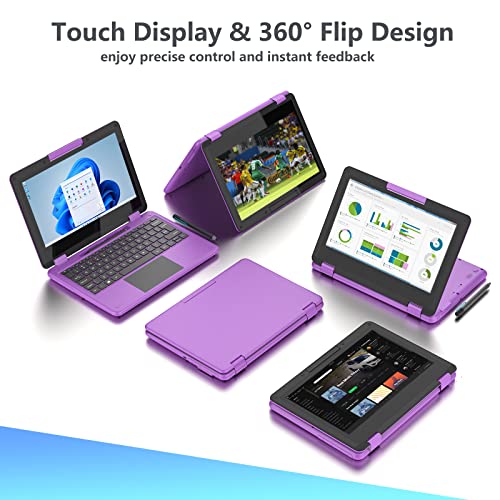 AWOW Touchscreen Laptop with Stylus, 2 in 1 11.6" FHD Purple Intel 4 Core Celeron N4120 Processor Windows 11 OS 6GB RAM 256GB M.2 SSD Storage Kids Convertible Laptop