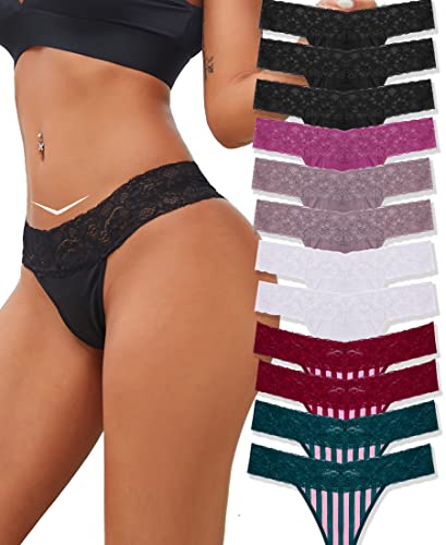 12 Pack Cotton Thongs for Women Low V-Waisted Sexy Lace Underwear Womens Breathable Tanga Panties for Ladies S-XL