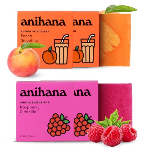 ANIHANA Sugar Scrub Soap Bars 4 Pack with Coconut Oil, Moisturizing, Exfoliating Body Scrub, Refreshing Raspberry Vanilla and Peach Smoothie Scents 3.6 Oz each