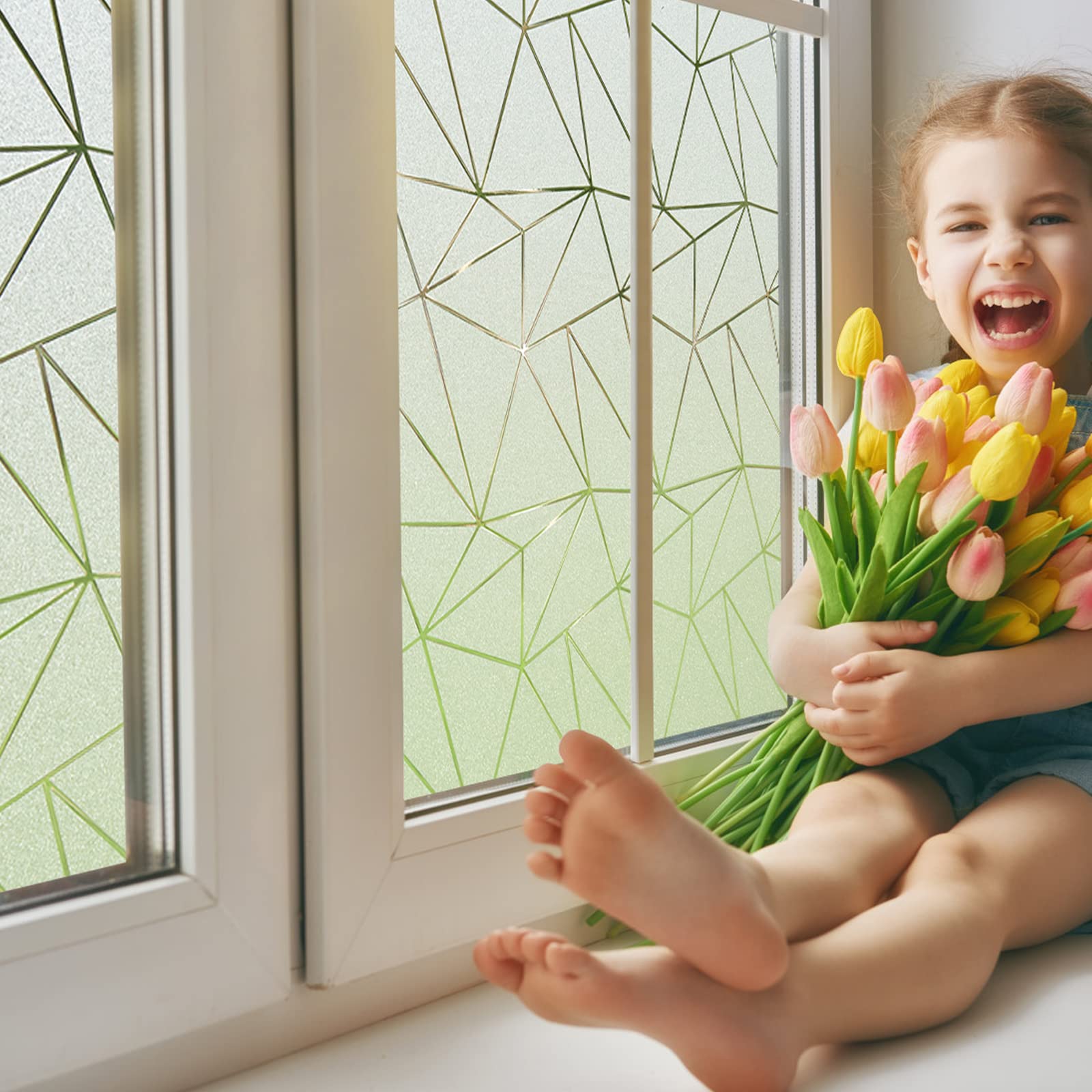 Windimiley Window Privacy Film Frosted Glass Window Clings: Bathroom Geometry Frosting Decorative Static Cling UV Sun Blocking Heat Control Home Window Tint Removable Door Cover(17.5 x 78.7 in,Pure)
