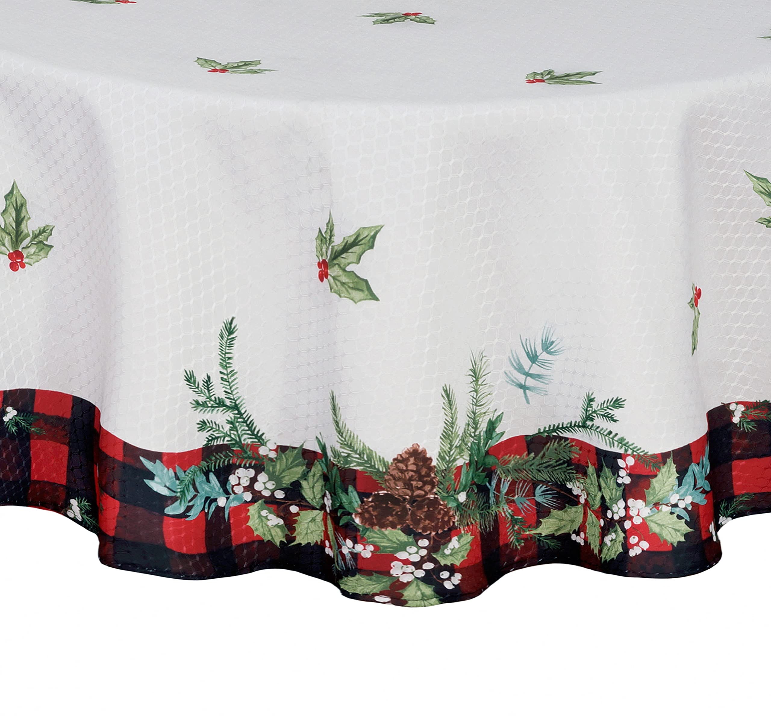 Lintex Aspen Red Black Plaid and Garland Bordered Christmas Tablecloth, Cottage Check Bordered Xmas and Holiday Print Easy Care Fabric Tablecloth, 70 Inch Round