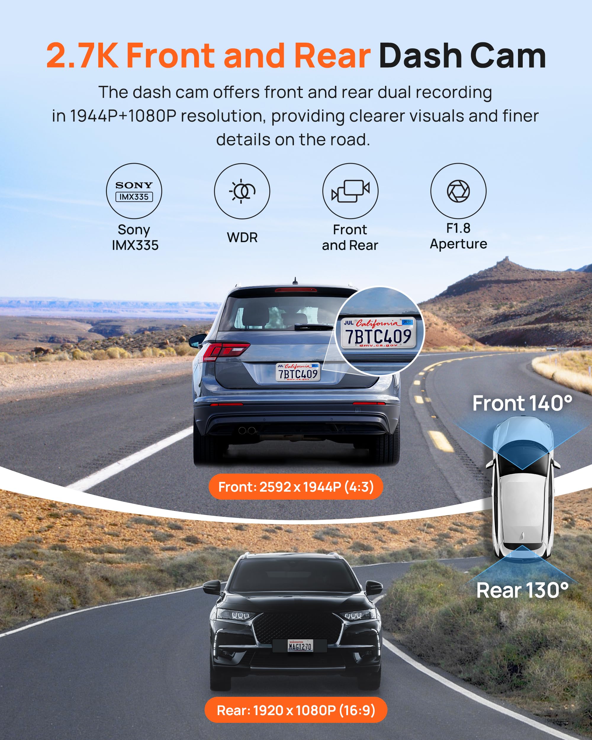 70mai 2.7K UHD Dash Cam Front and Rear A500S, Dual Dash Camera for Cars, Dashcam with APP, Sony IMX335, ADAS, Built-in WiFi GPS, 2'' IPS Screen, WDR, Night Vision, 24/7 Parking Mode, Loop Recording