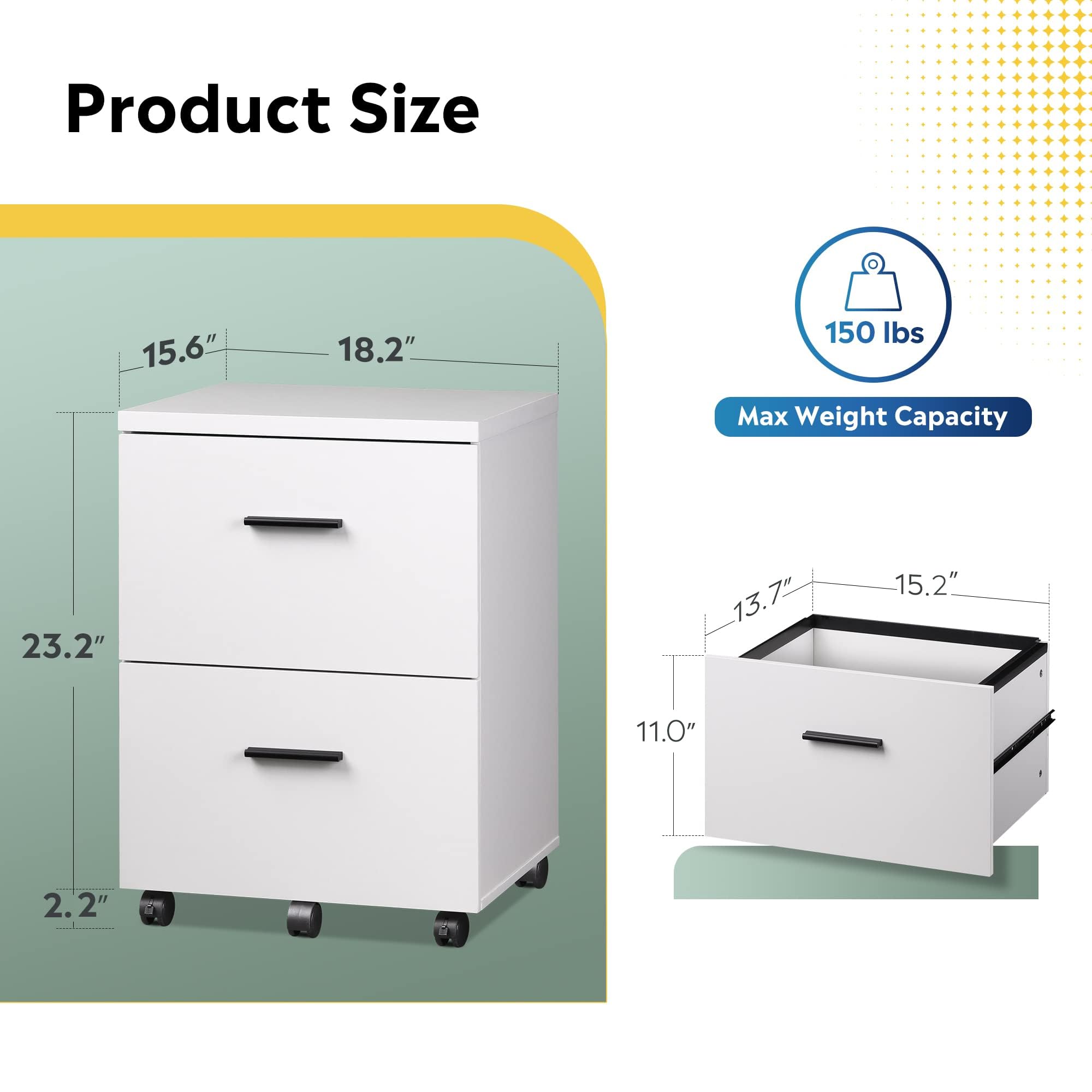 DEVAISE Wood File Cabinet, 2 Drawer Filing Cabinet for Home Office, Vertical File Cabinets with Wheels fits A4/Letter/Legal Size File, White