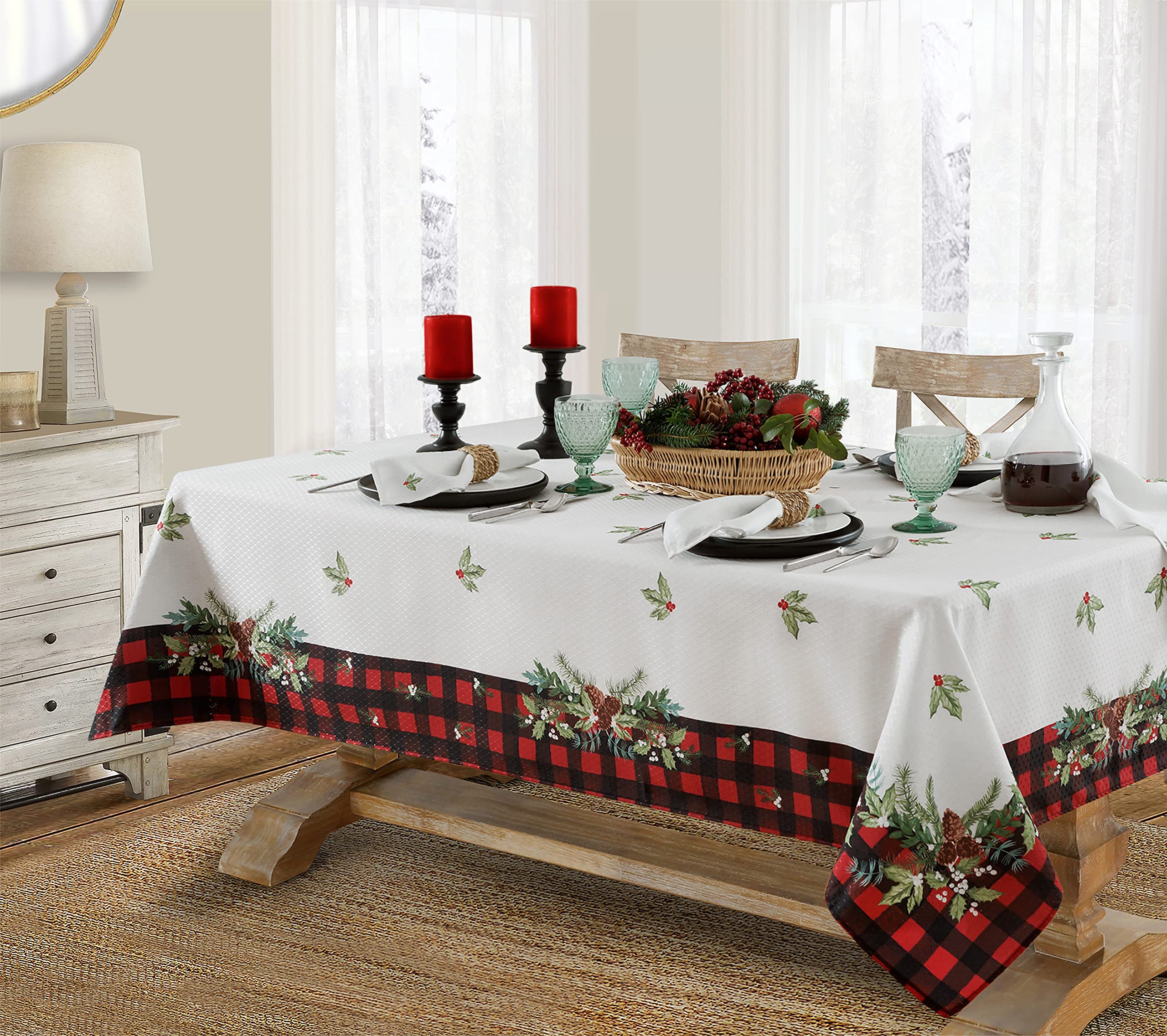 Lintex Aspen Red Black Plaid and Garland Bordered Christmas Tablecloth, Cottage Check Bordered Xmas and Holiday Print Easy Care Fabric Tablecloth, 70 Inch Round