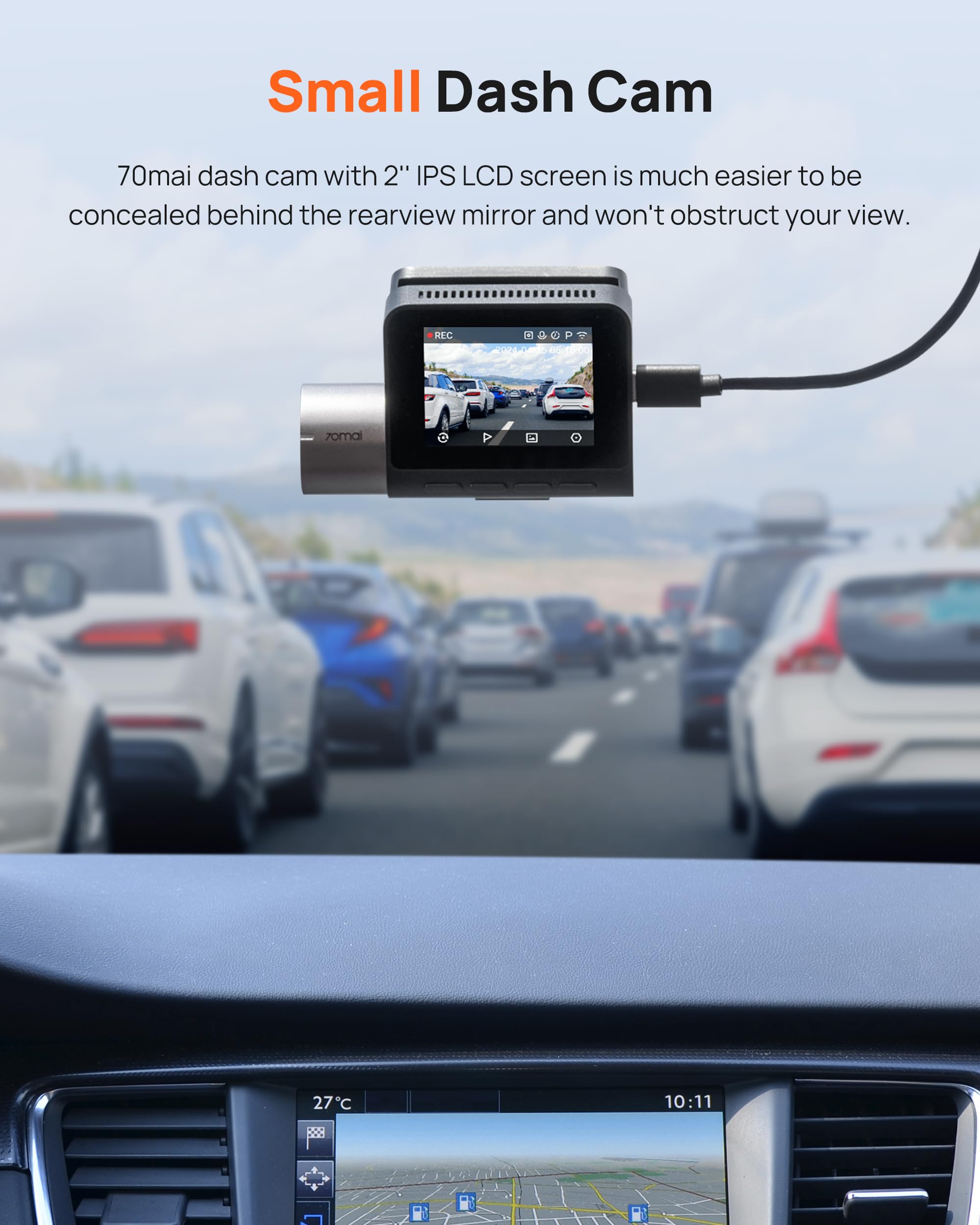 70mai 2.7K UHD Dash Cam Front and Rear A500S, Dual Dash Camera for Cars, Dashcam with APP, Sony IMX335, ADAS, Built-in WiFi GPS, 2'' IPS Screen, WDR, Night Vision, 24/7 Parking Mode, Loop Recording