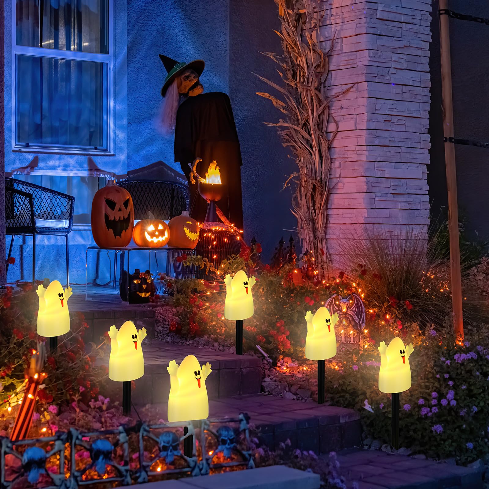 Threan 10 Pcs Halloween Pathway Light Decorations Solar Stake Lights LED White Light Decorative Solar Operated Stake String Lights IP44 Waterproof Outdoor for Yard Garden(Classic Ghost)