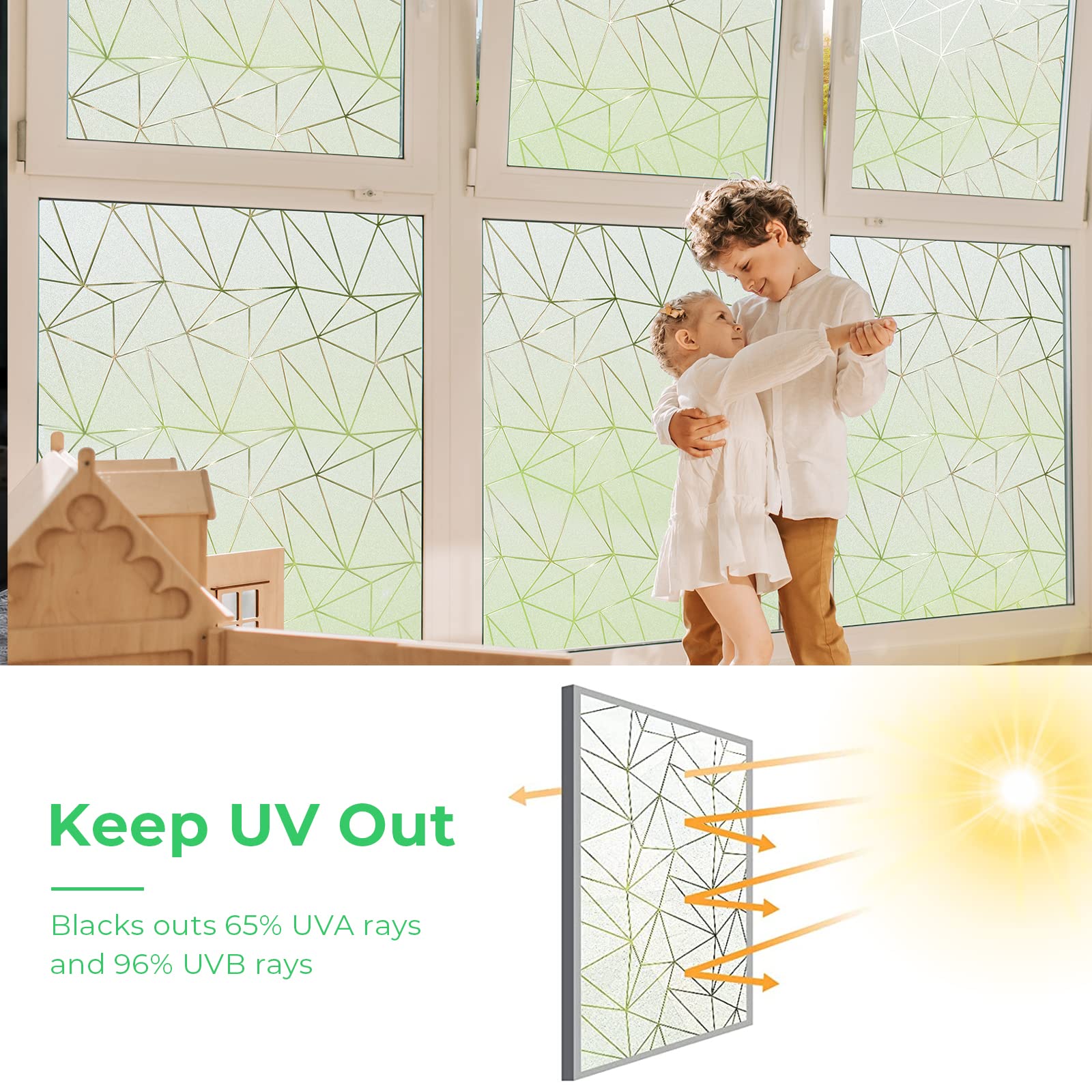 Windimiley Window Privacy Film Frosted Glass Window Clings: Bathroom Geometry Frosting Decorative Static Cling UV Sun Blocking Heat Control Home Window Tint Removable Door Cover(17.5 x 78.7 in,Pure)