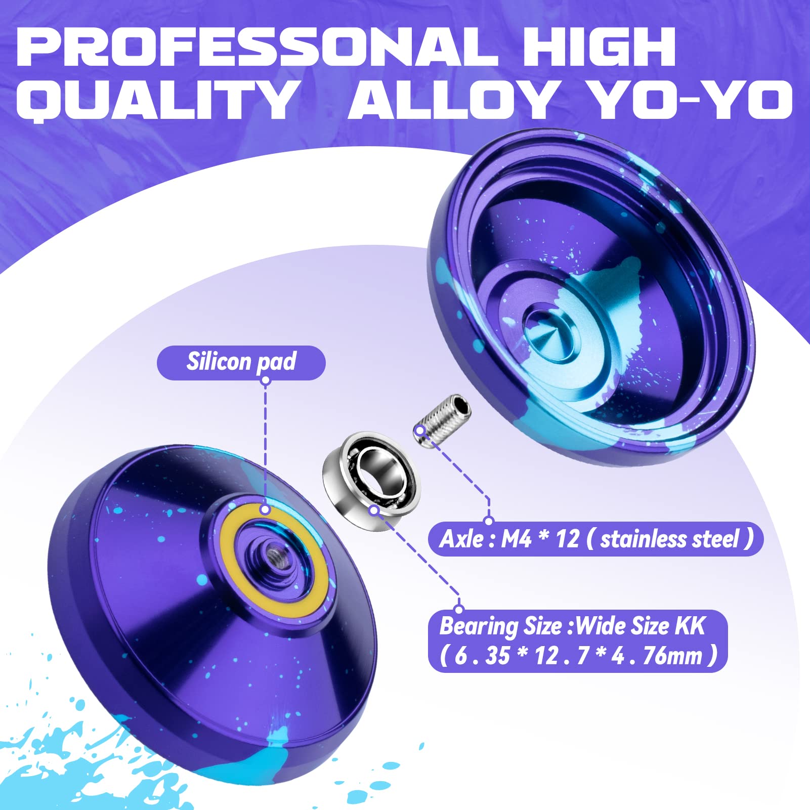 Yoyo Professional Responsive Yoyo V8 - Dual Purpose Yoyo for Kids Beginners, Pro Metal Yo Yo for Adults with Unresponsive Yoyo Bearing + 12 Yoyo Strings, Yo-yo Case Bag, Removal Tool (Purple Blue)
