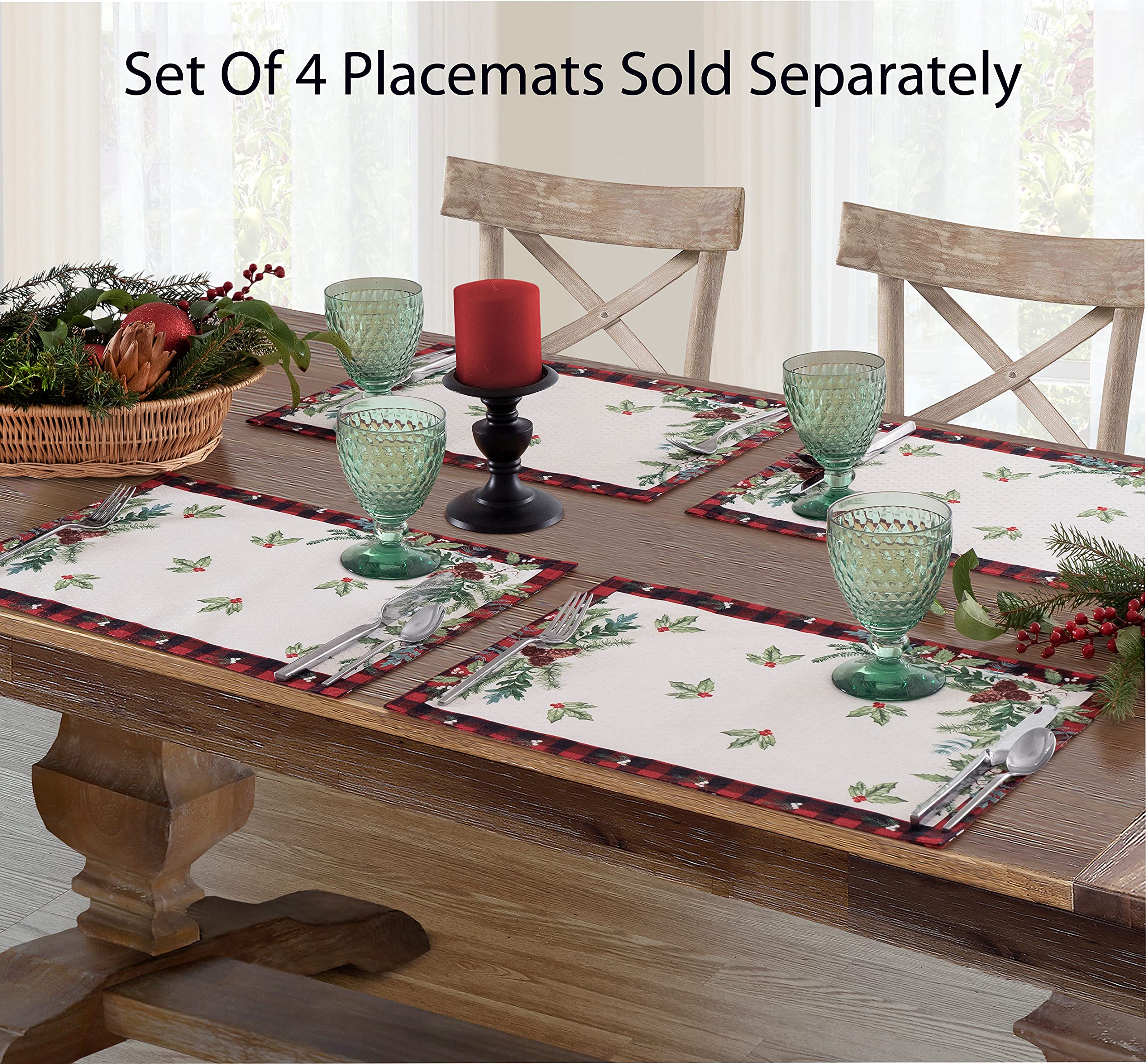 Lintex Aspen Red Black Plaid and Garland Bordered Christmas Tablecloth, Cottage Check Bordered Xmas and Holiday Print Easy Care Fabric Tablecloth, 70 Inch Round