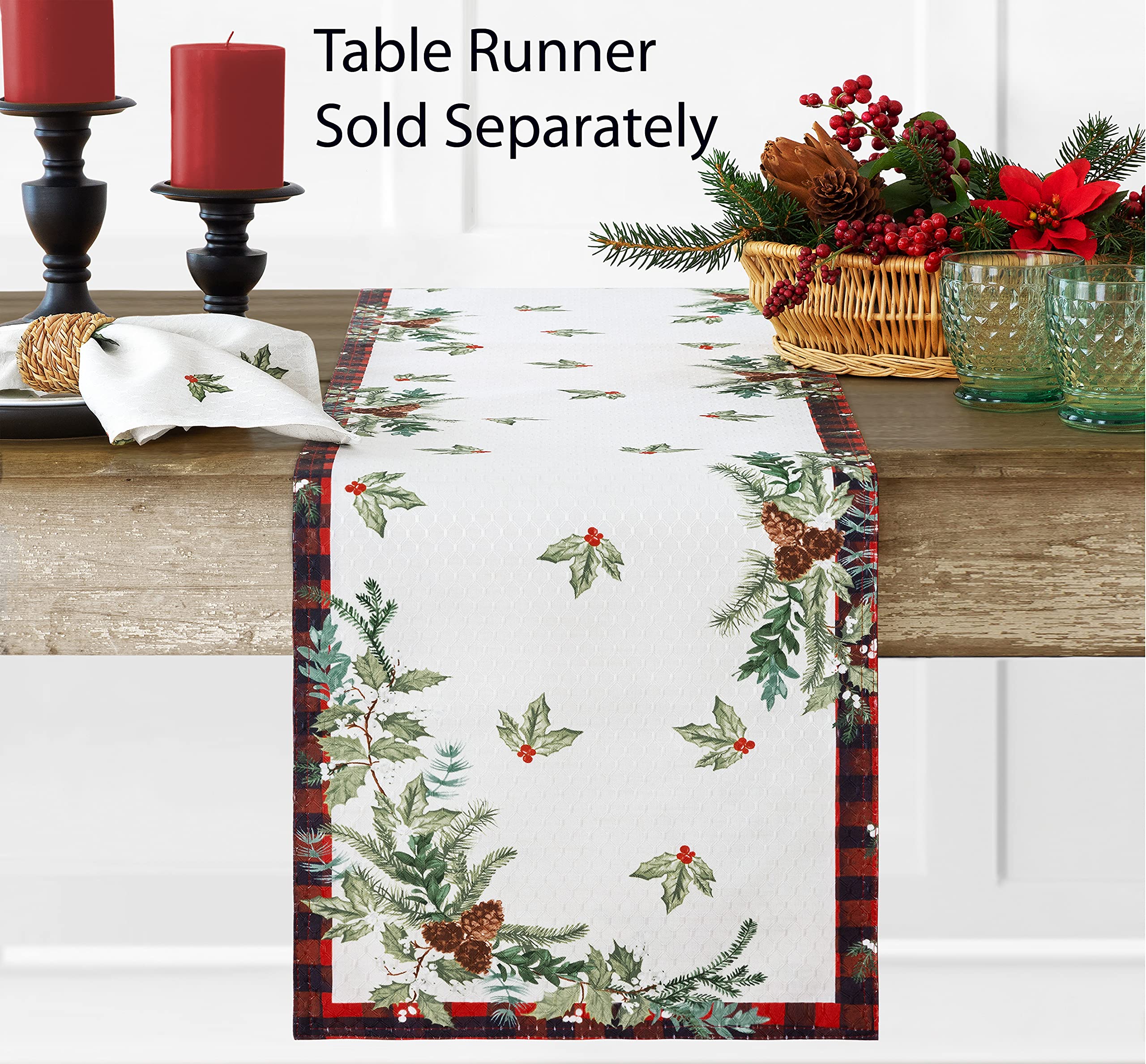 Lintex Aspen Red Black Plaid and Garland Bordered Christmas Tablecloth, Cottage Check Bordered Xmas and Holiday Print Easy Care Fabric Tablecloth, 70 Inch Round