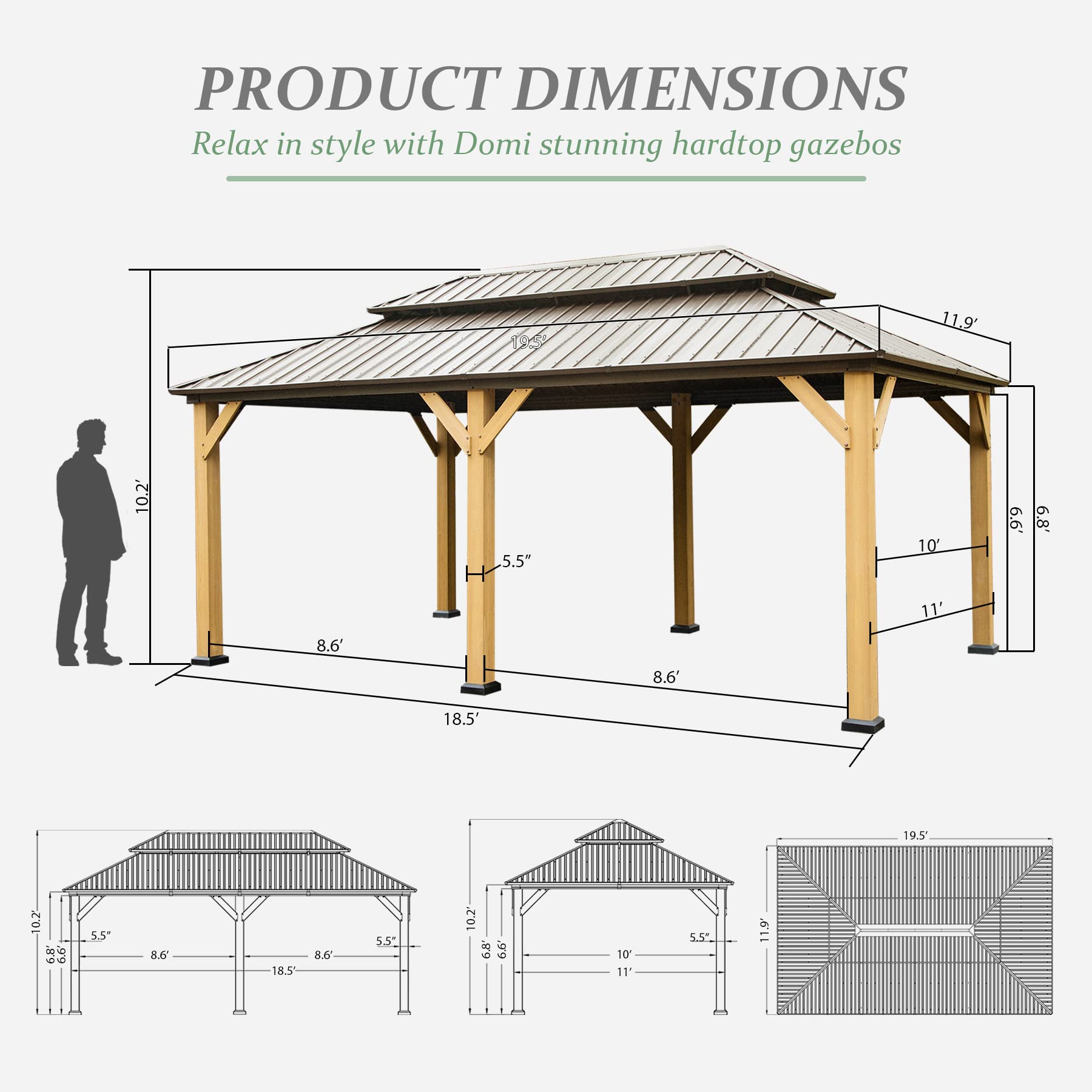 Domi 12' X 20' Wood Gazebo, Cedar Frame Hardtop Gazebo with Galvanized Steel Double Roof, Netting & Curtains, Patio Pergola Pavilion for Patio, Backyard, Deck, Lawns