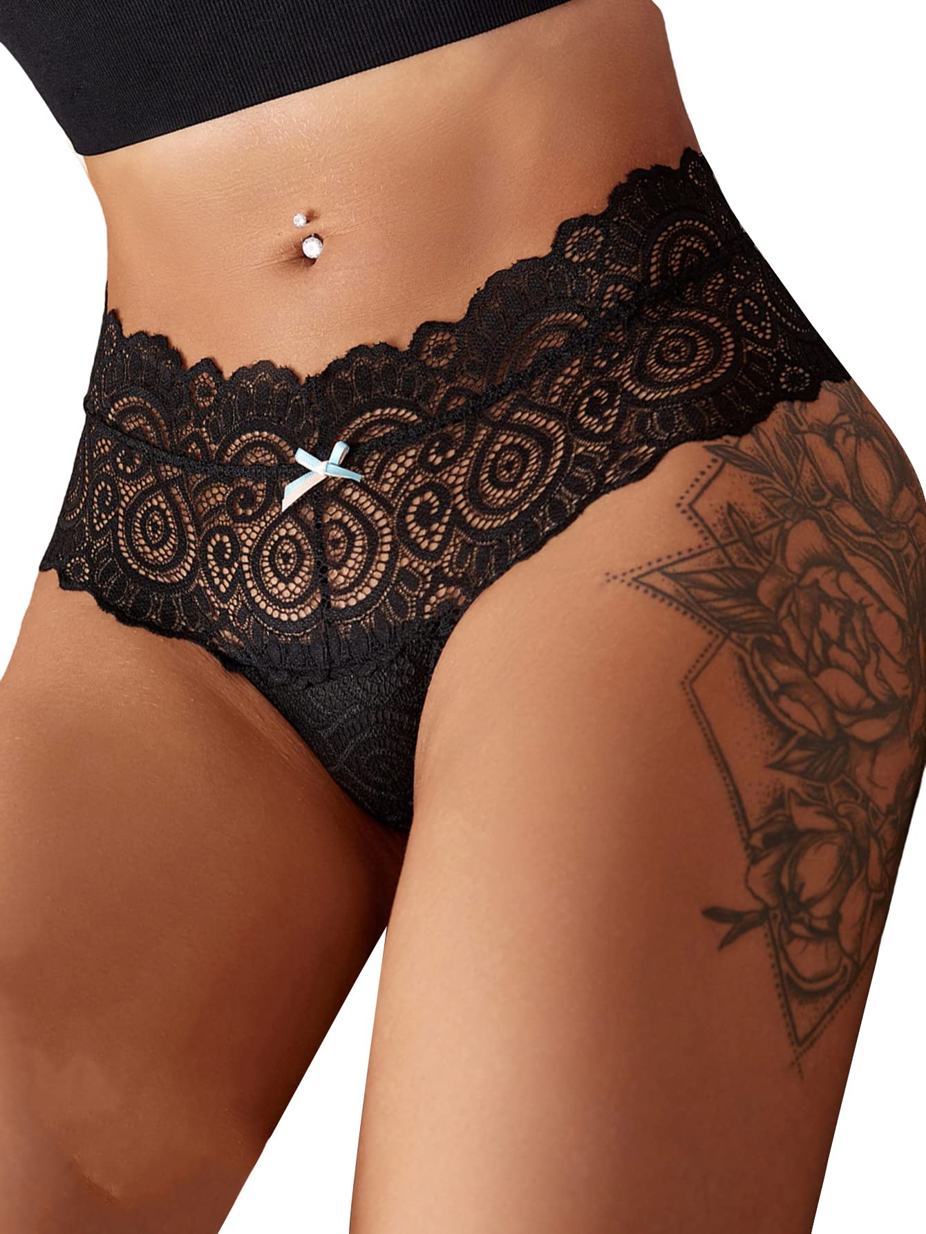 SHENHE Women's Sexy Lace Sheer Panty Lingerie Low Rise Underwear Bow Decor Brief Panties Sheer Black L