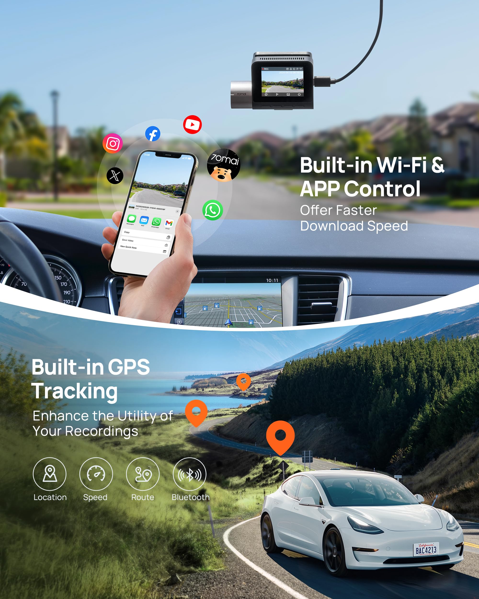 70mai 2.7K UHD Dash Cam Front and Rear A500S, Dual Dash Camera for Cars, Dashcam with APP, Sony IMX335, ADAS, Built-in WiFi GPS, 2'' IPS Screen, WDR, Night Vision, 24/7 Parking Mode, Loop Recording
