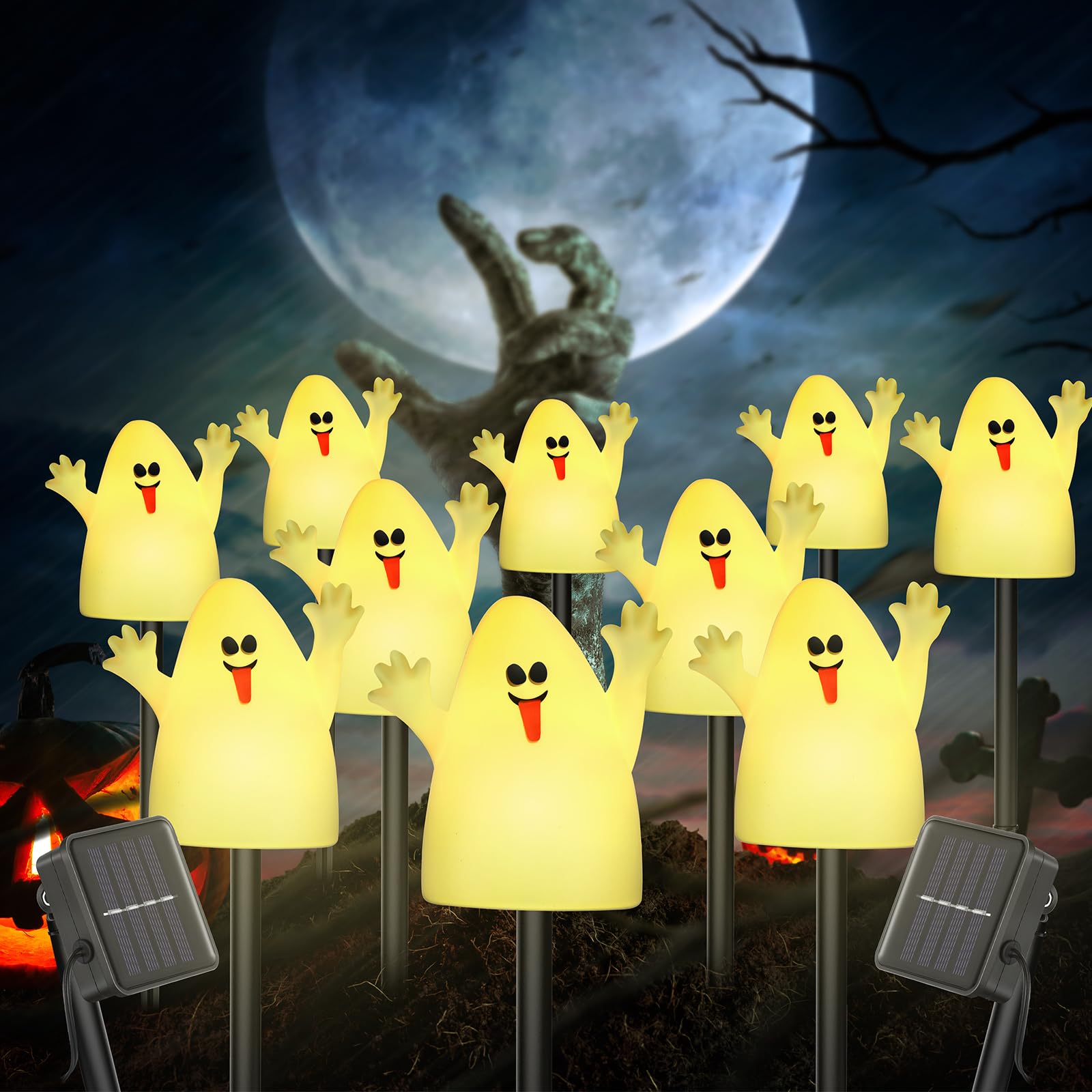 Threan 10 Pcs Halloween Pathway Light Decorations Solar Stake Lights LED White Light Decorative Solar Operated Stake String Lights IP44 Waterproof Outdoor for Yard Garden(Classic Ghost)