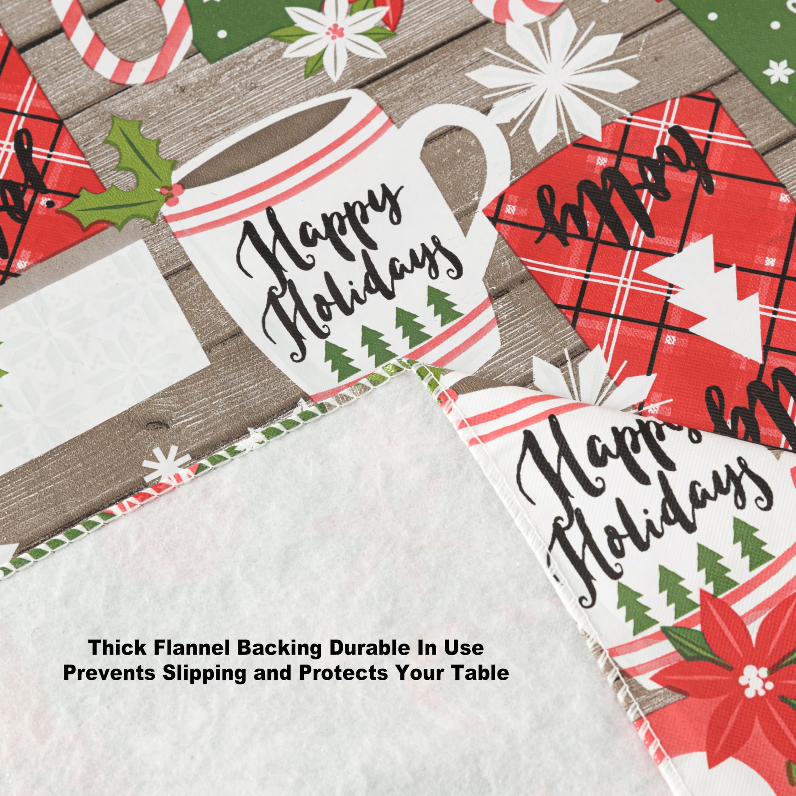 Newbridge Jolly Holiday Candy Cane Print Flannel Back Vinyl Christmas Tablecloth - Happy Holidays Grey, Red and Green Xmas Wipe Clean Easy Care Tablecloth, 60β x 120β Oblong/Rectangle