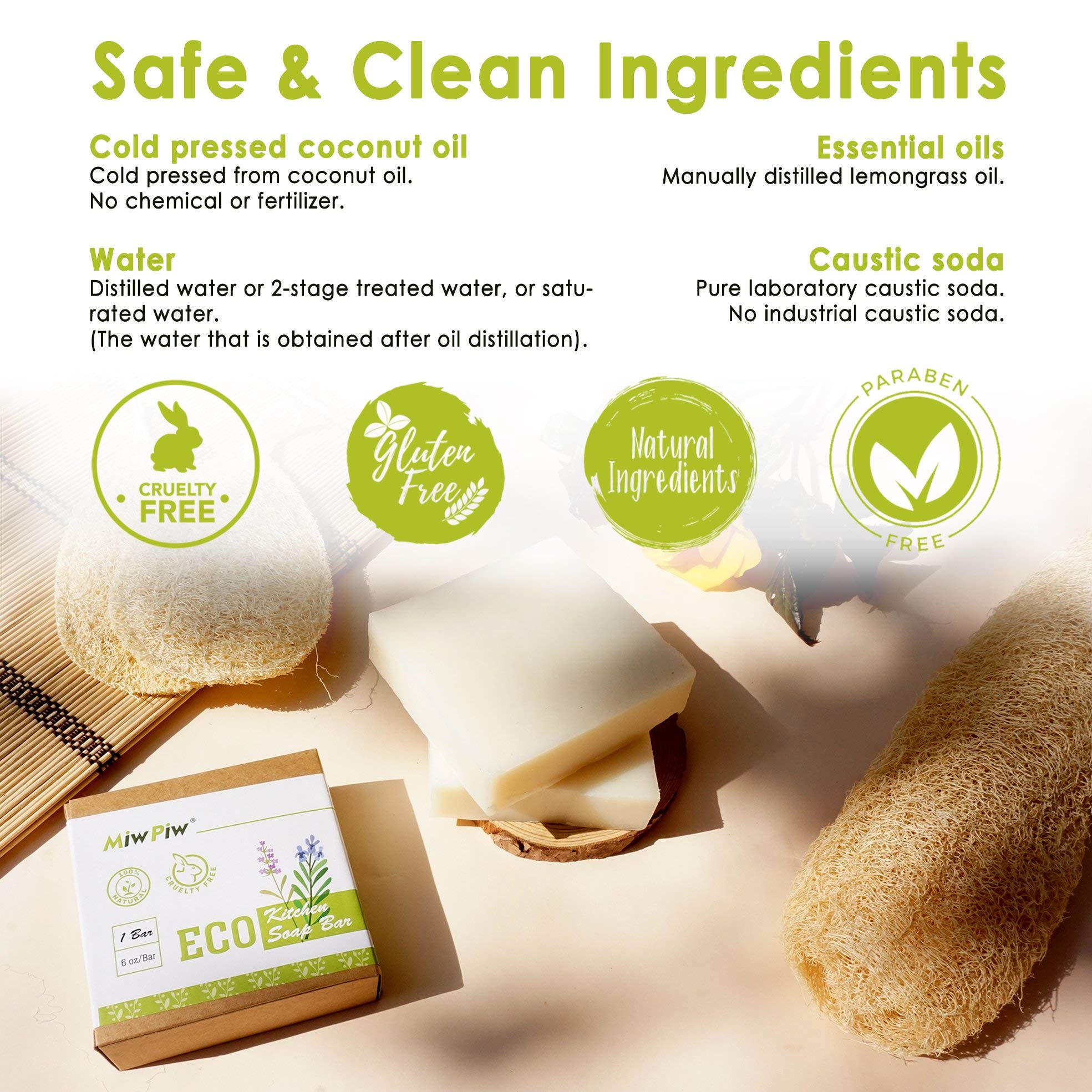 Miw Piw Vegan Dish Soap Bar - Large 6 Ounce - Lather Clean Safe Ingredients- Plastic Free Palm Oil Free - Zero Waste Eco Friendly Kitchen Dishwashing Solid Soap