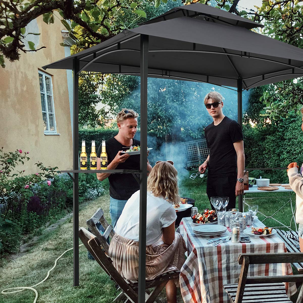 8x5 Ft Grill Gazebo, Double Tiered Outdoor BBQ Gazebo with 2 Side Shelves, Hooks, Bottle Opener, Barbecue Grill Shelter for Patio, Garden, Beach, Backyard and Picnic (Gray)