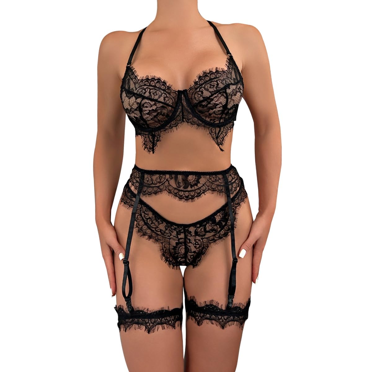 Lilosy Women Sexy Underwire Push Up Sheer Garter Belt Lingerie Set Floral Lace See Through Bra and Panty 3 Piece Eyelash Halter Black Medium