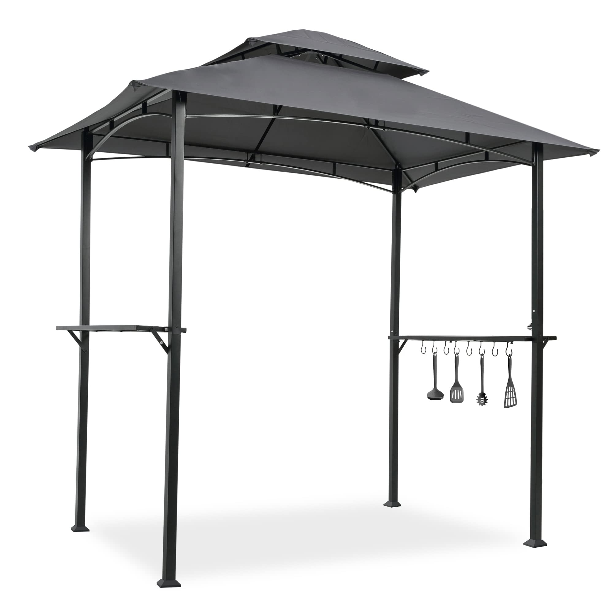 8x5 Ft Grill Gazebo, Double Tiered Outdoor BBQ Gazebo with 2 Side Shelves, Hooks, Bottle Opener, Barbecue Grill Shelter for Patio, Garden, Beach, Backyard and Picnic (Gray)