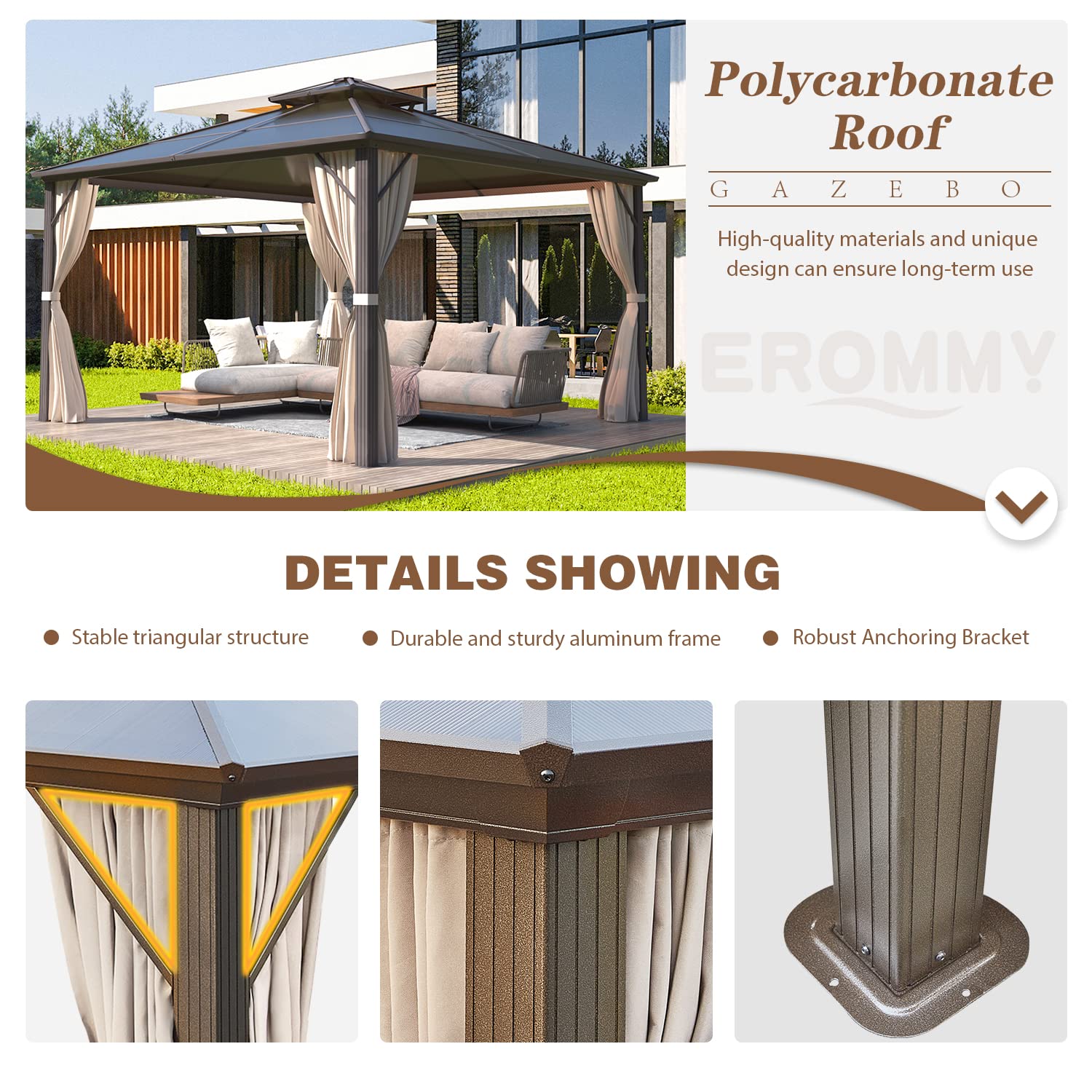 EROMMY 12' x 12' Gazebo Polycarbonate Double Roof Canopy Outdoor Aluminum Frame Pergola, Permanent Pavilion with Netting and Curtains for Garden Patio Lawns Parties