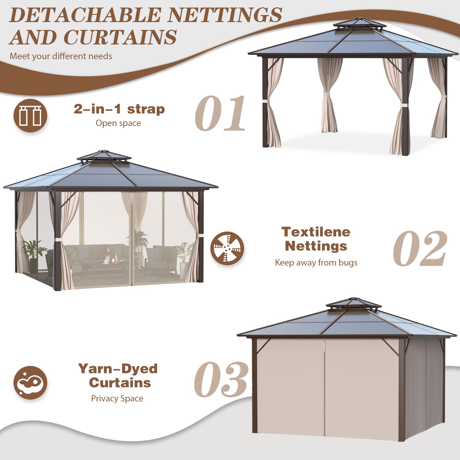 EROMMY 12' x 12' Gazebo Polycarbonate Double Roof Canopy Outdoor Aluminum Frame Pergola, Permanent Pavilion with Netting and Curtains for Garden Patio Lawns Parties