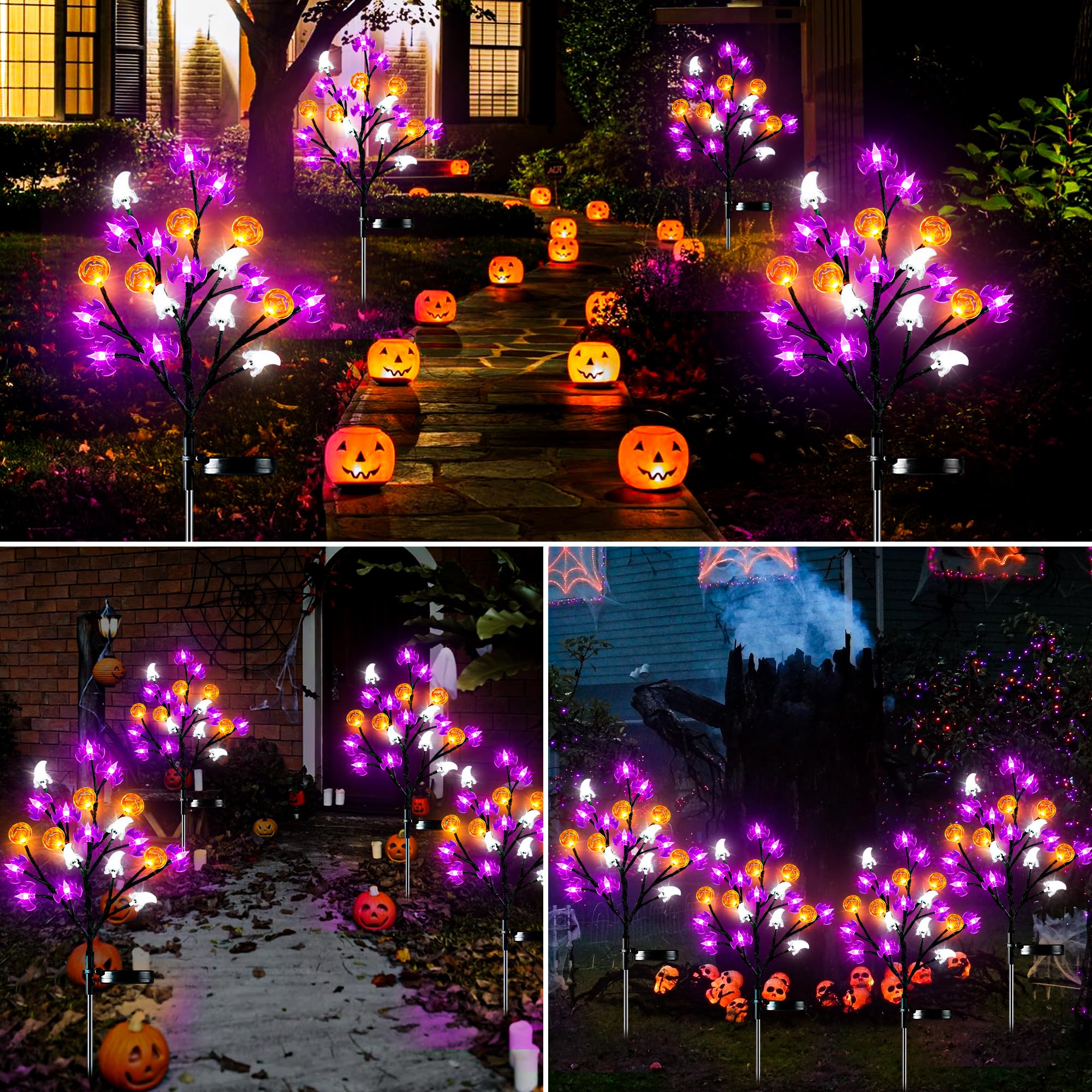 Sakayo 2 Pack Solar Lights Halloween Decorations Outdoor, Outdoor with 20 3D Ghost Bats Pumpkin LED Lights, Modes Waterproof Stake for Party Lawn Decor DCD1242