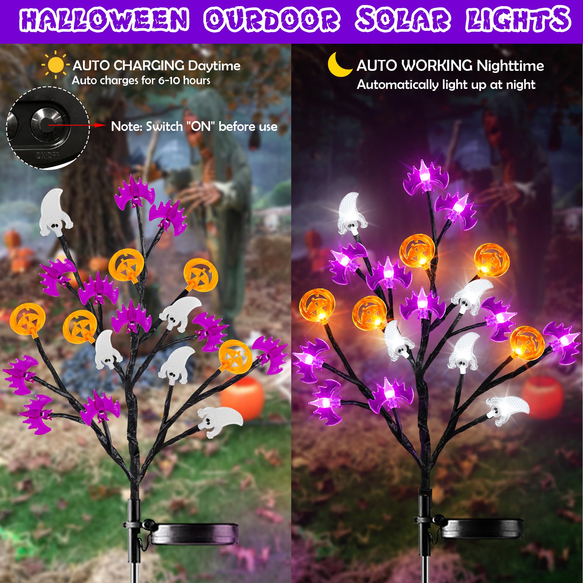 Sakayo 2 Pack Solar Lights Halloween Decorations Outdoor, Outdoor with 20 3D Ghost Bats Pumpkin LED Lights, Modes Waterproof Stake for Party Lawn Decor DCD1242
