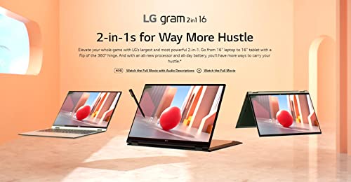 LG gram 16'' 2-in-1 Ultra-Lightweight Laptop, WQXGA(2560 x 1600) IPS 16:10 TouchDisplay, Intel Evo Core i7-1165G7, Wi-Fi 6, 21 hr BatteryLife, Thunderbolt4, Stylus Pen, Win 11(16GB RAM | 1TB PCIe SSD)