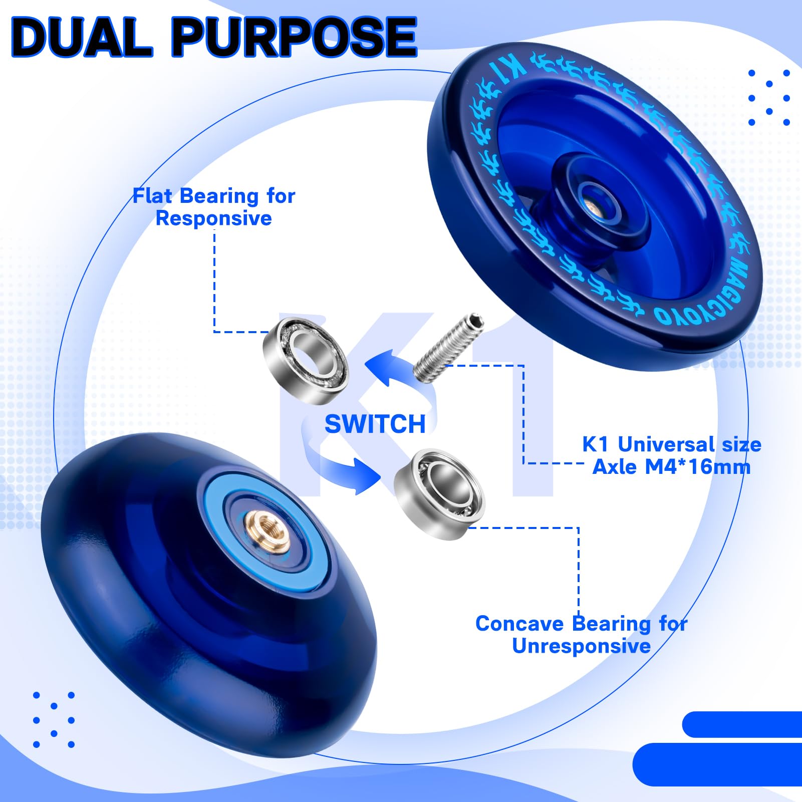MAGICYOYO Responsive Yoyo K1 Tug Return Yoyo, Hubstacks Yoyo for Kids Beginners Dual Purpose Yoyo with Unresponsive Bearing, Sturdy Storage Bag + 12 Yoyo Strings +Yo-Yo Glove +2 Yoyo Hubstacks (Blue)