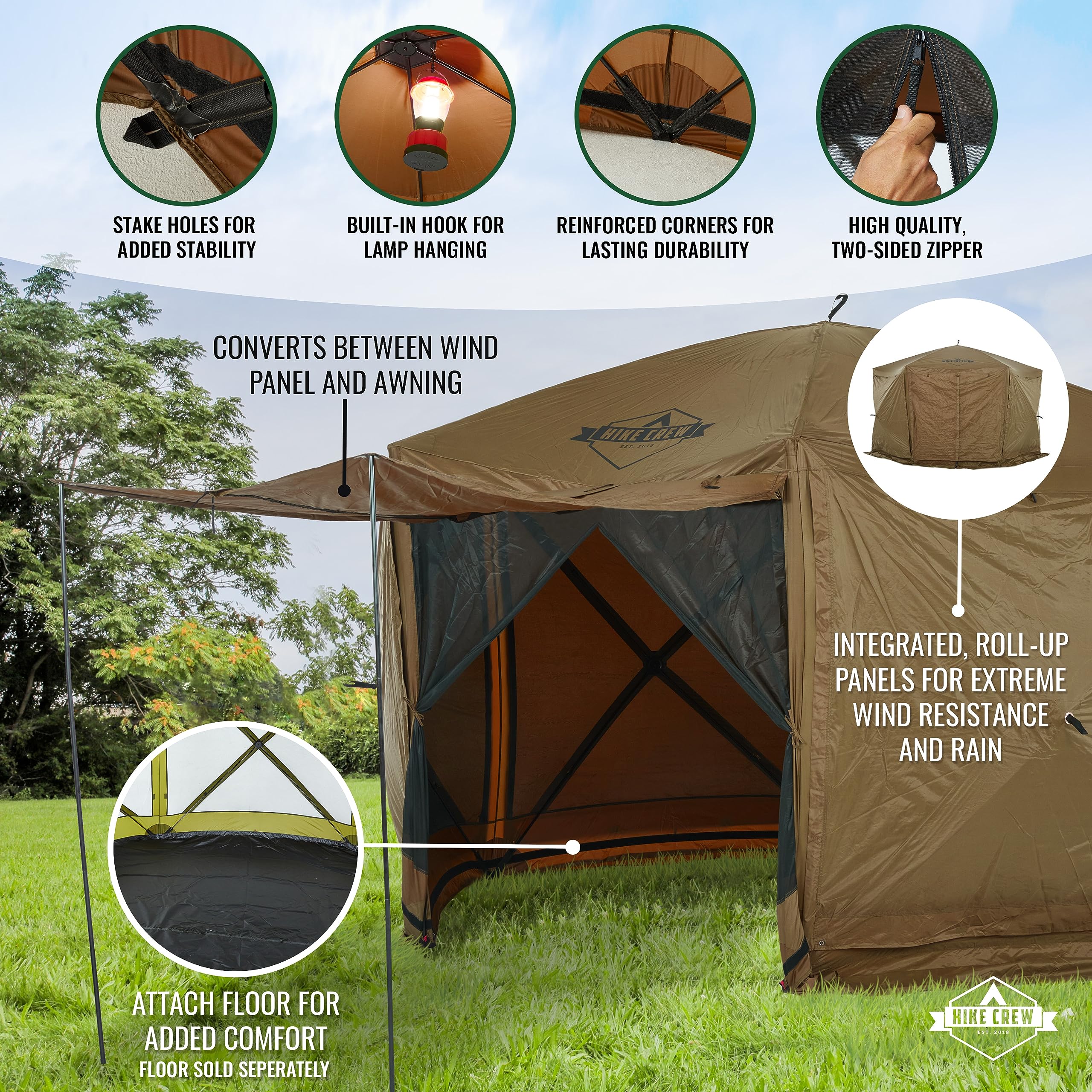 Hike Crew 12’x12’ Pop-Up Gazebo Screen Tent | 6-Sided Outdoor Canopy Shelter w/Built-in Zippered Wind Panels, Built-in Awning, Stakes, Ropes & Carry Bag for Camping & Sports | UV Resistant SPF 50+