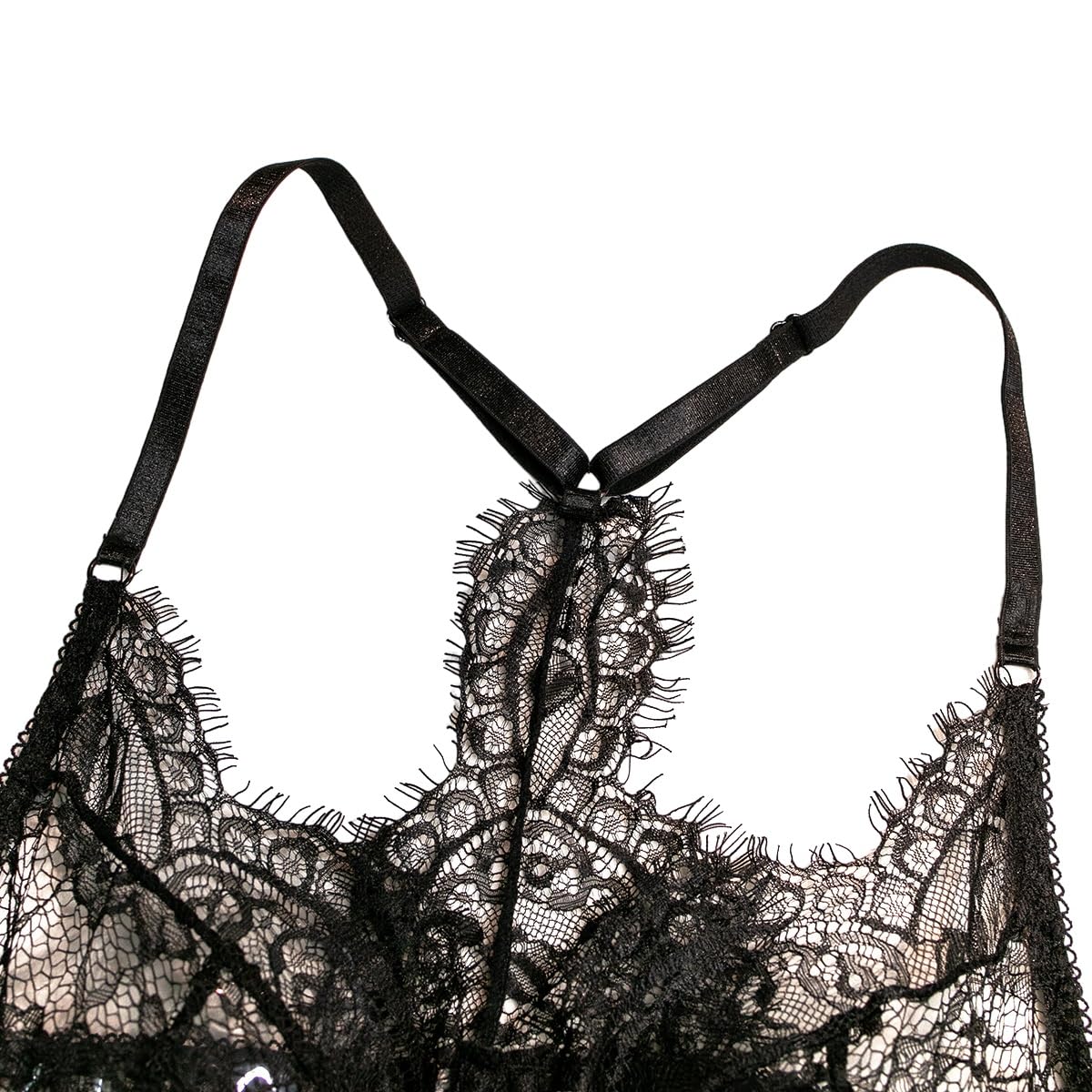 Lilosy Women Sexy Underwire Push Up Sheer Garter Belt Lingerie Set Floral Lace See Through Bra and Panty 3 Piece Eyelash Halter Black Medium