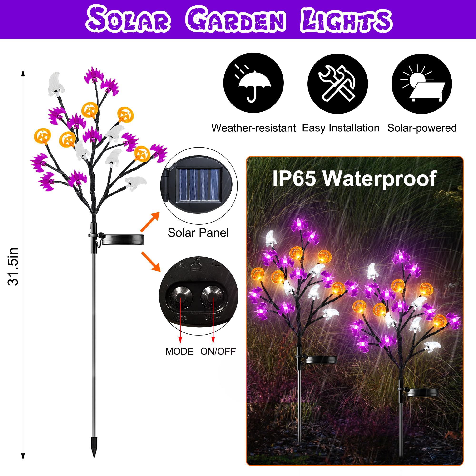 Sakayo 2 Pack Solar Lights Halloween Decorations Outdoor, Outdoor with 20 3D Ghost Bats Pumpkin LED Lights, Modes Waterproof Stake for Party Lawn Decor DCD1242