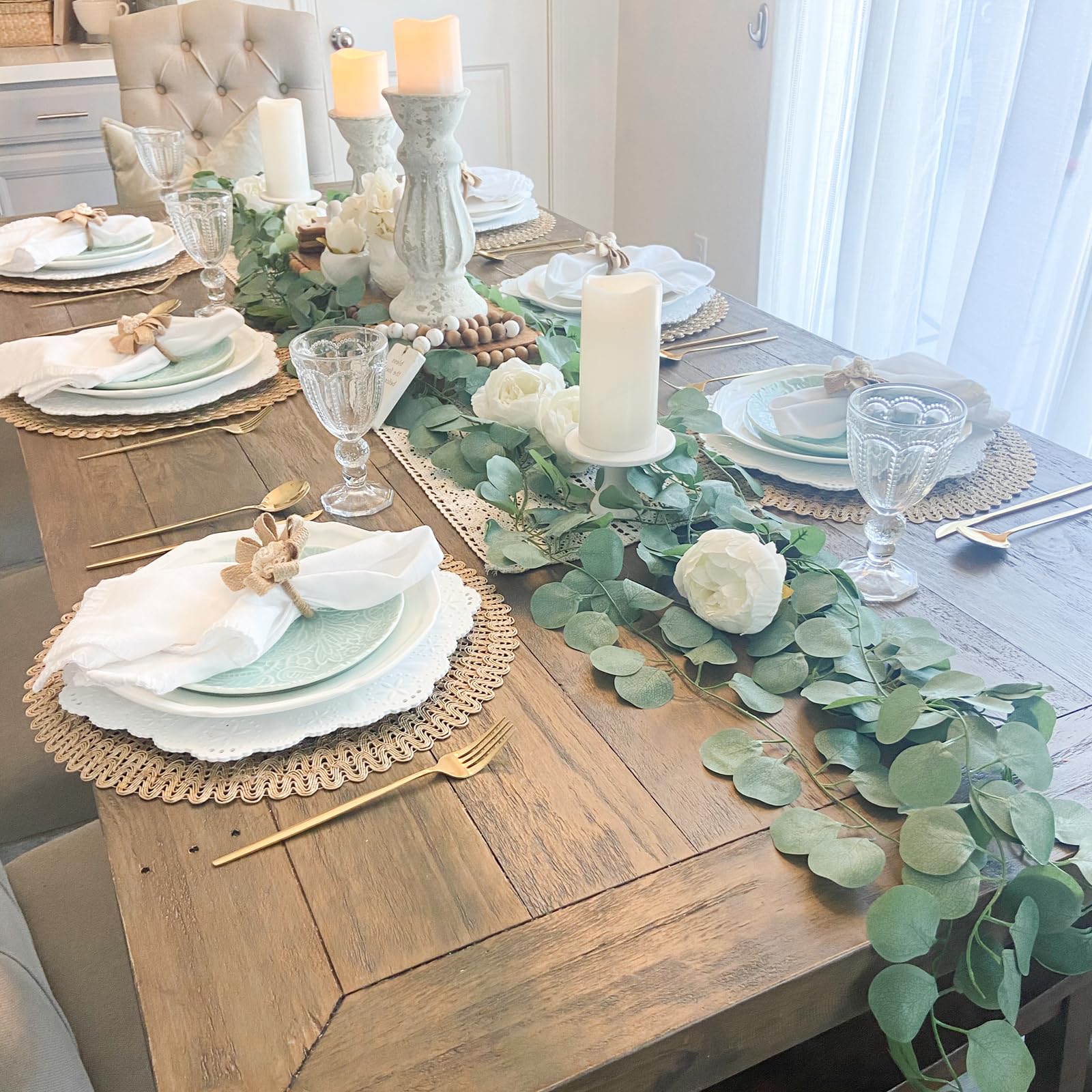 CQURE 8Pcs Eucalyptus Garland,Artificial Eucalyptus Leaves Table Greenery Garland Wreath Spring Garland Vines for Wedding Party Table Bedroom Wall Room Decor
