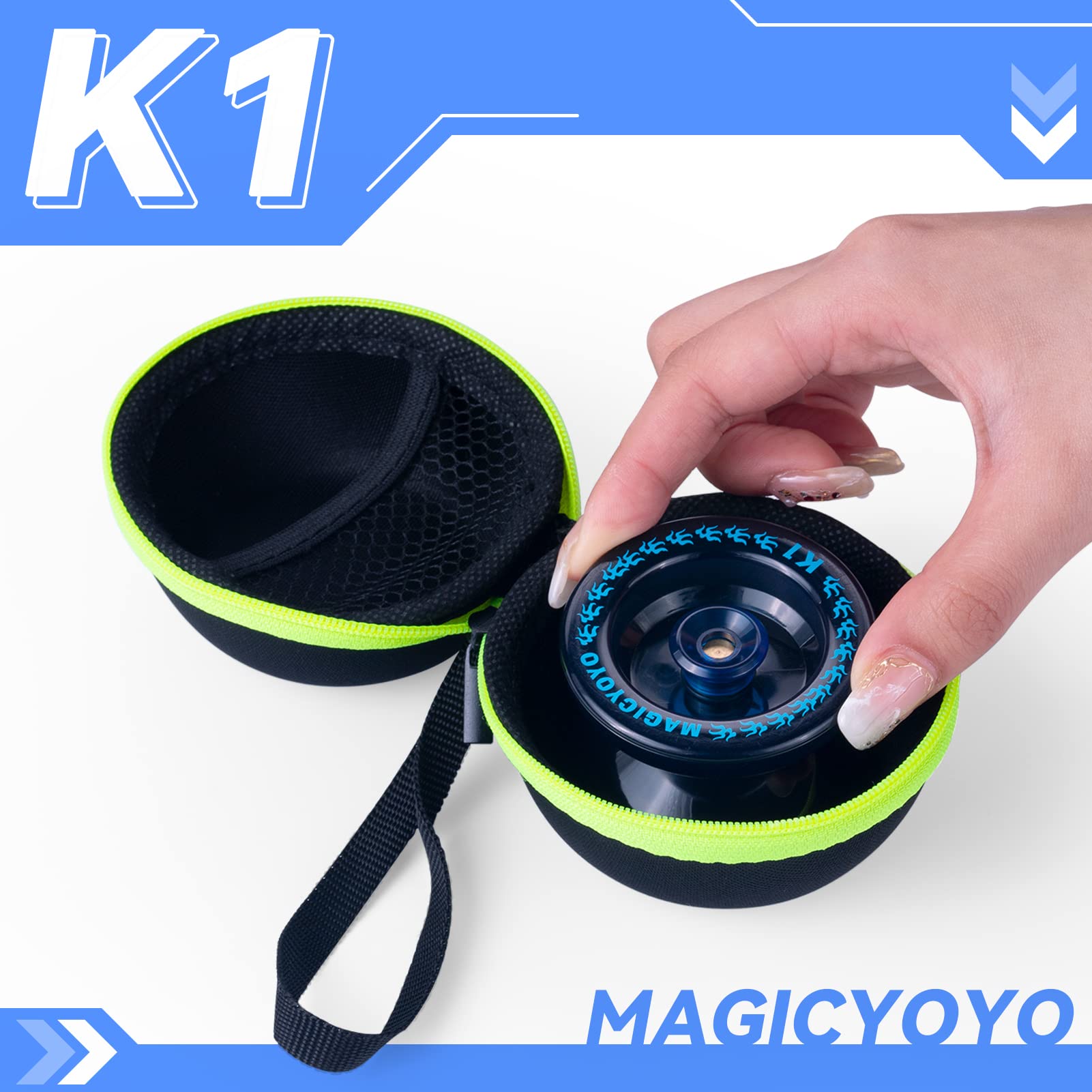 MAGICYOYO Responsive Yoyo K1 Tug Return Yoyo, Hubstacks Yoyo for Kids Beginners Dual Purpose Yoyo with Unresponsive Bearing, Sturdy Storage Bag + 12 Yoyo Strings +Yo-Yo Glove +2 Yoyo Hubstacks (Blue)
