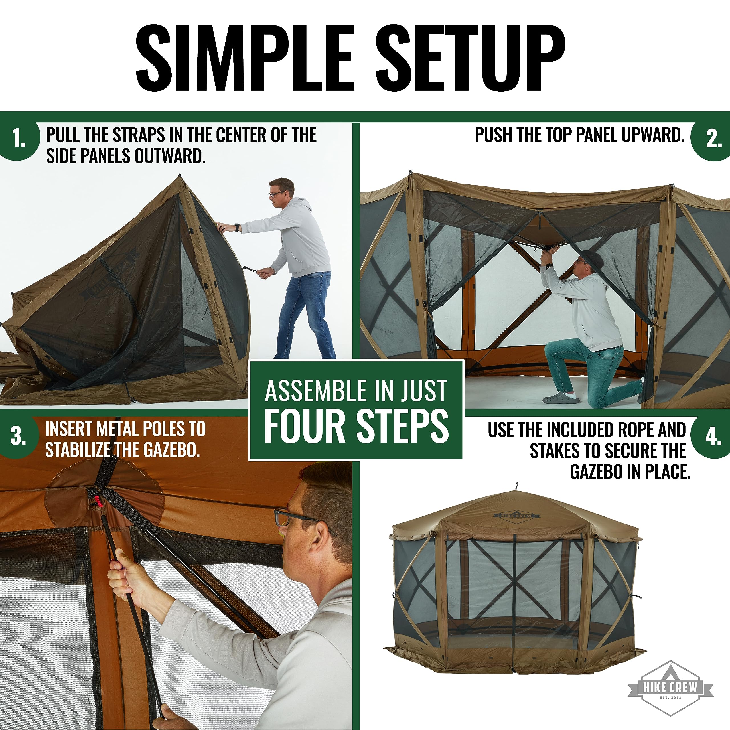 Hike Crew 12’x12’ Pop-Up Gazebo Screen Tent | 6-Sided Outdoor Canopy Shelter w/Built-in Zippered Wind Panels, Built-in Awning, Stakes, Ropes & Carry Bag for Camping & Sports | UV Resistant SPF 50+