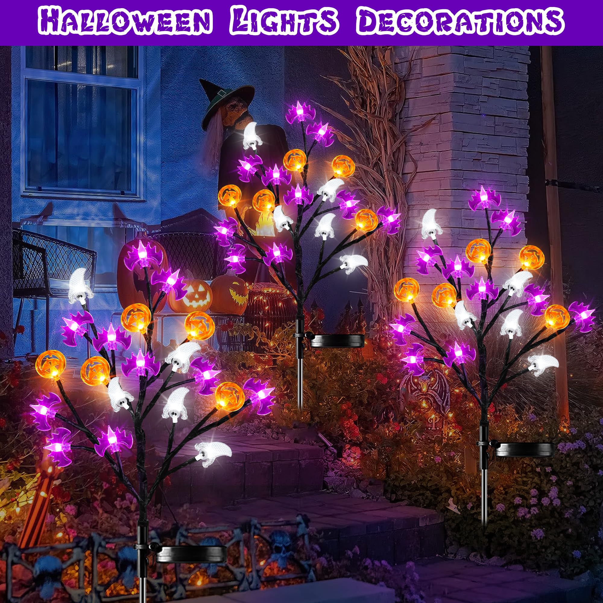Sakayo 2 Pack Solar Lights Halloween Decorations Outdoor, Outdoor with 20 3D Ghost Bats Pumpkin LED Lights, Modes Waterproof Stake for Party Lawn Decor DCD1242
