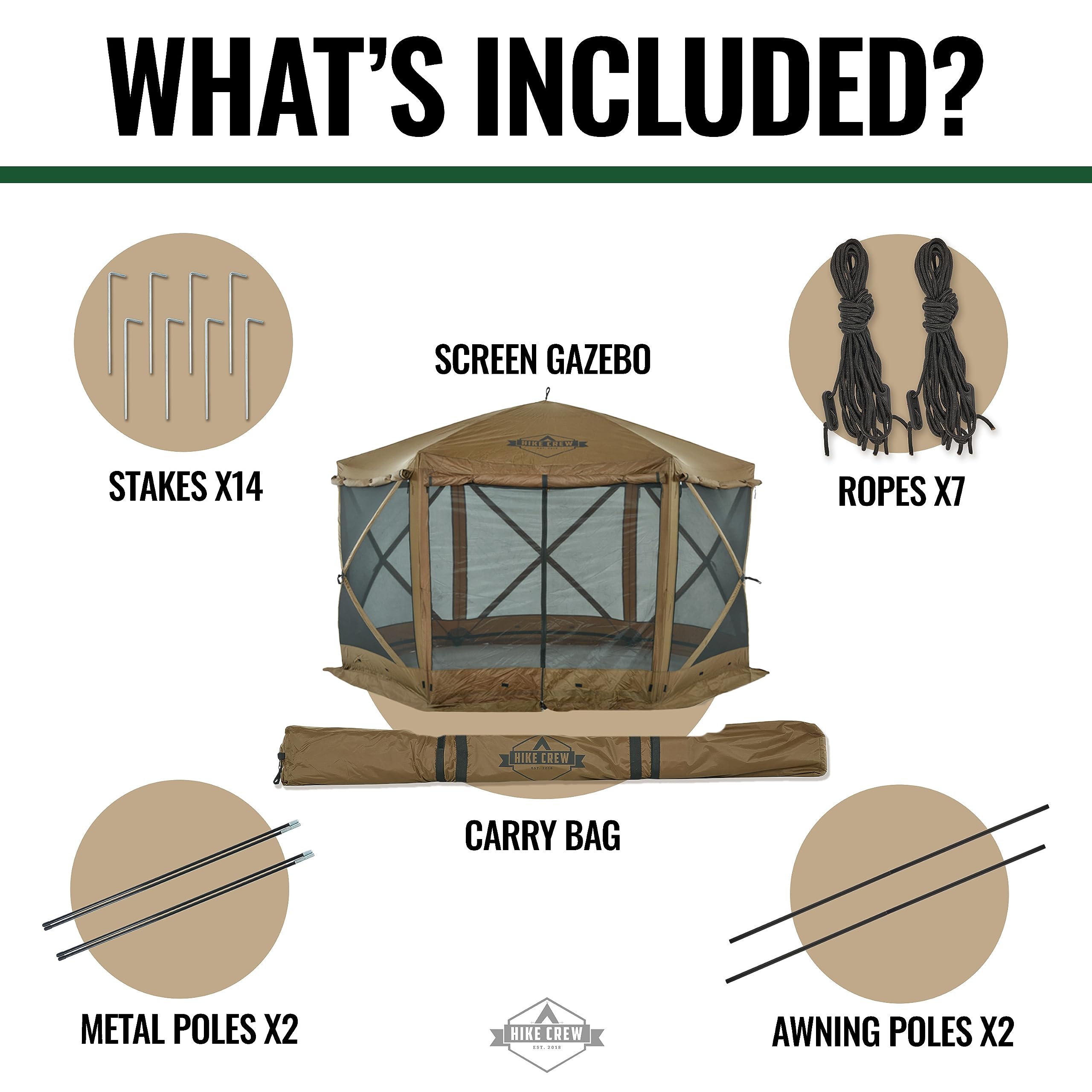 Hike Crew 12’x12’ Pop-Up Gazebo Screen Tent | 6-Sided Outdoor Canopy Shelter w/Built-in Zippered Wind Panels, Built-in Awning, Stakes, Ropes & Carry Bag for Camping & Sports | UV Resistant SPF 50+