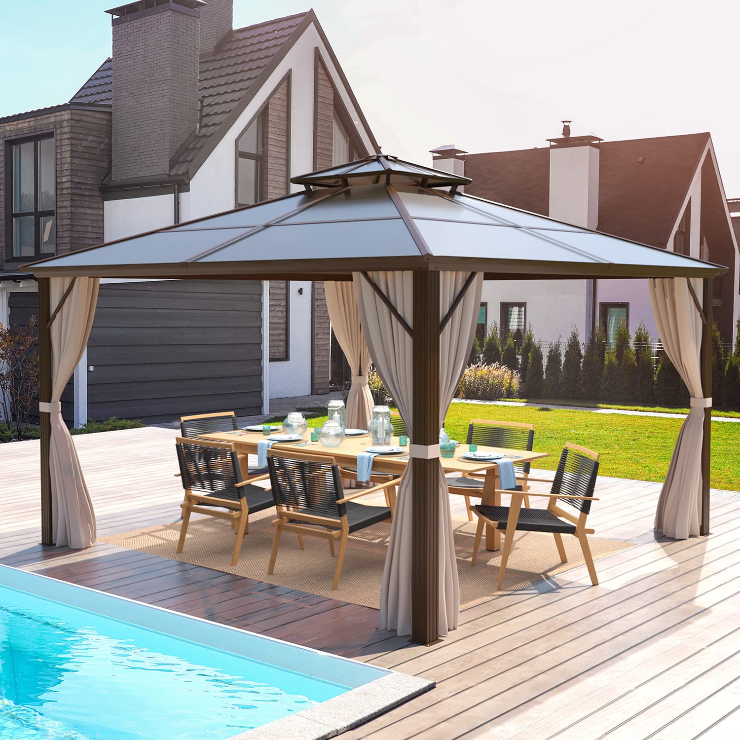 EROMMY 12' x 12' Gazebo Polycarbonate Double Roof Canopy Outdoor Aluminum Frame Pergola, Permanent Pavilion with Netting and Curtains for Garden Patio Lawns Parties