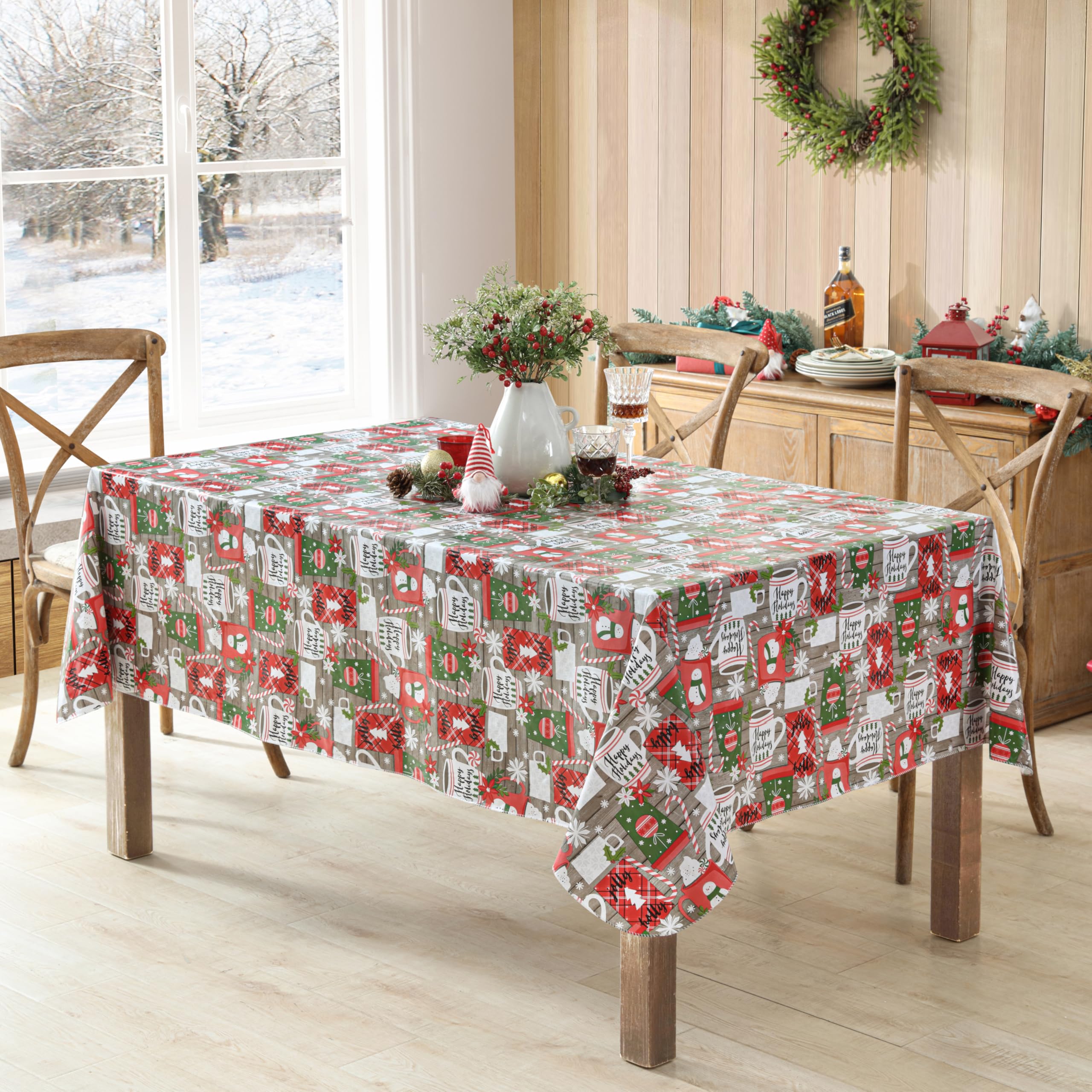 Newbridge Jolly Holiday Candy Cane Print Flannel Back Vinyl Christmas Tablecloth - Happy Holidays Grey, Red and Green Xmas Wipe Clean Easy Care Tablecloth, 60β x 120β Oblong/Rectangle