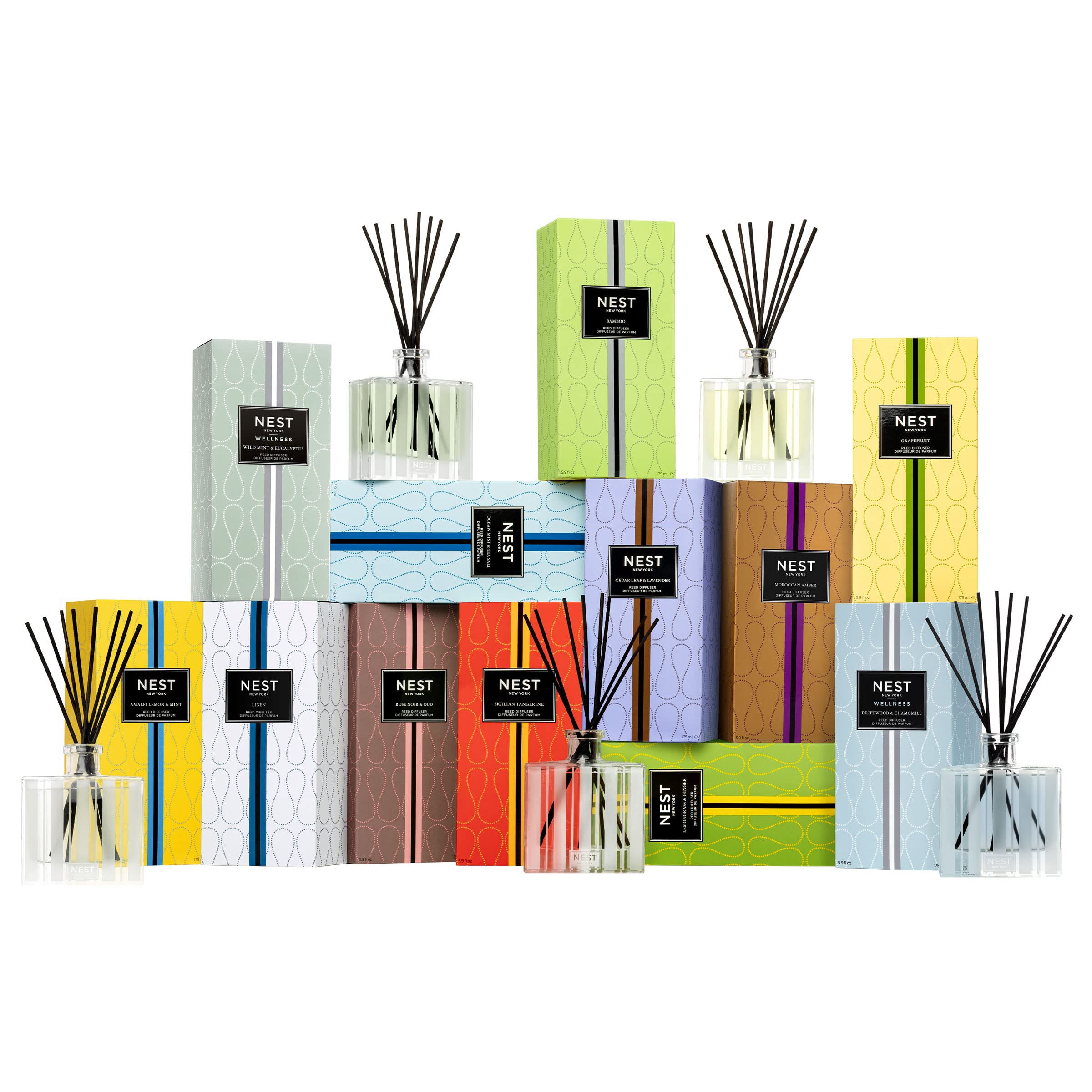 NEST New York Reed Diffuser, Bamboo - 5.9 fl oz - Fragrance for Up to 90 Days - Reusable, Refillable Glass Holder - Includes 8 All-Natural Reed Sticks - Flame Free