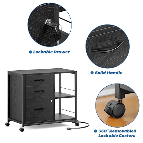 Himusi File Cabinet, Filing Cabinets for Home Office with Lock and USB Charging Port, 3 Drawer Wood File Cabinets for A4/Letter Size, Printer Stand with Storage