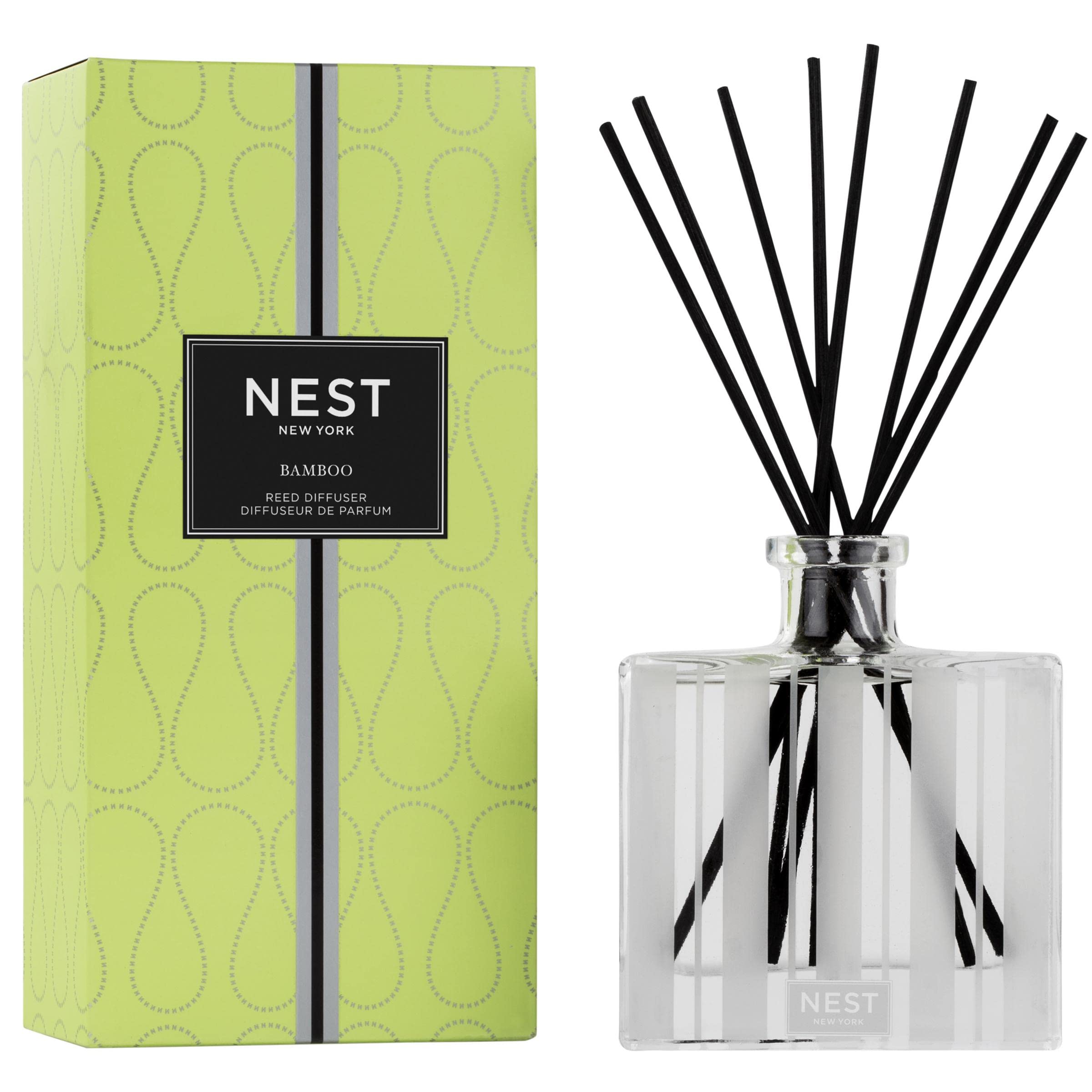 NEST New York Reed Diffuser, Bamboo - 5.9 fl oz - Fragrance for Up to 90 Days - Reusable, Refillable Glass Holder - Includes 8 All-Natural Reed Sticks - Flame Free