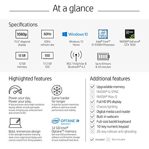 HP Pavilion Gaming 15-Inch Laptop, Intel Core i5-9300H, NVIDIA GeForce GTX 1650, 12GB RAM, 512GB SSD, Windows 10 (15-dk0042nr, Black)