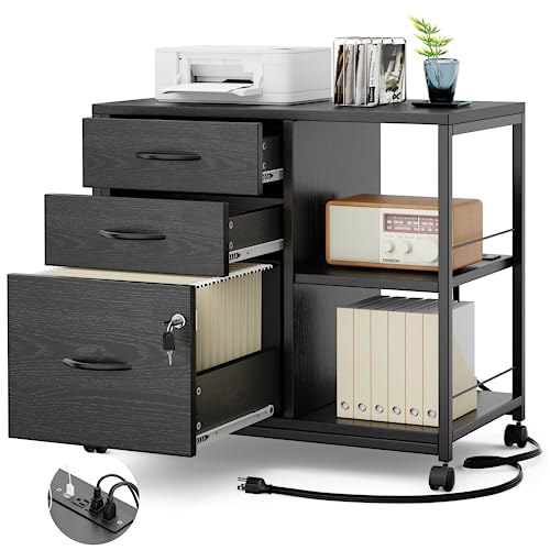 Himusi File Cabinet, Filing Cabinets for Home Office with Lock and USB Charging Port, 3 Drawer Wood File Cabinets for A4/Letter Size, Printer Stand with Storage