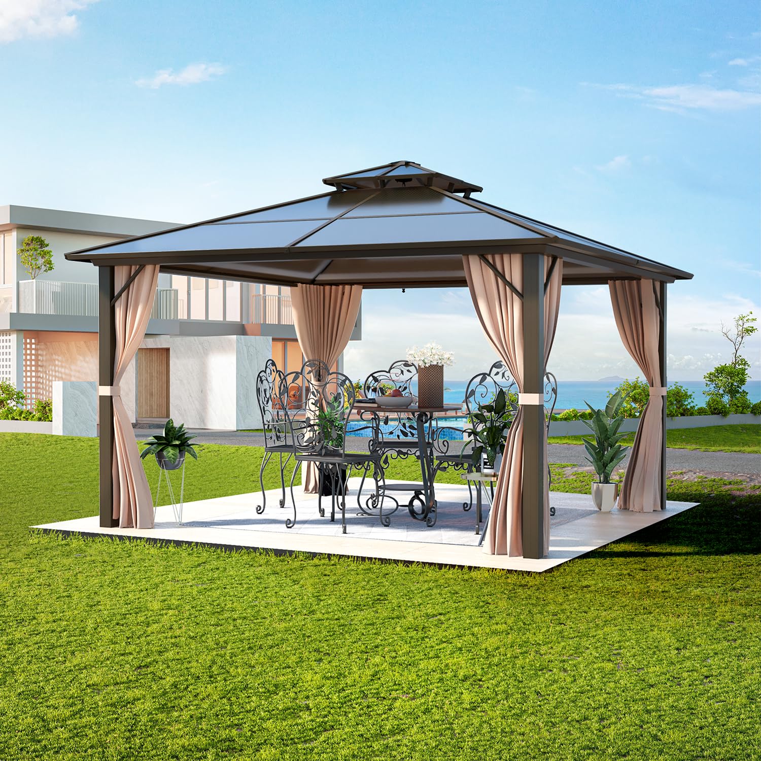 YOLENY 12'x12' Hardtop Gazebo, Outdoor Polycarbonate Double Roof Canopy, Aluminum Frame Permanent Pavilion with Curtains and Netting, Sunshade for Garden, Patio, Lawns
