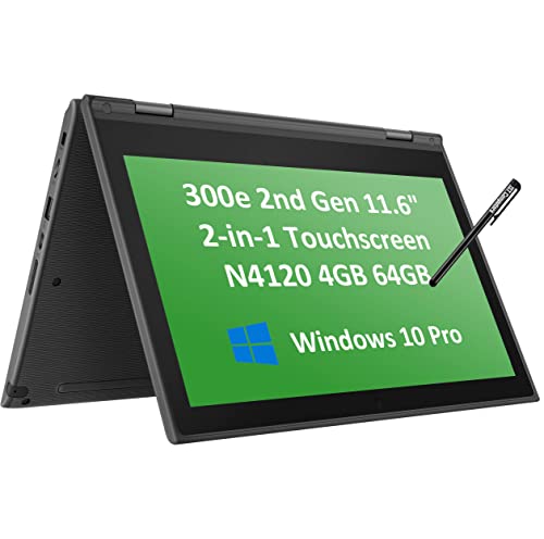 Lenovo 300e 11.6" 2-in-1 Touchscreen Winbook (4-Core Intel N4120, 4GB RAM, 64GB Storage, Stylus, Webcam), Ruggedized, Water Resistant, Convertible Home & Education Laptop, Windows 10 Pro (Renewed)