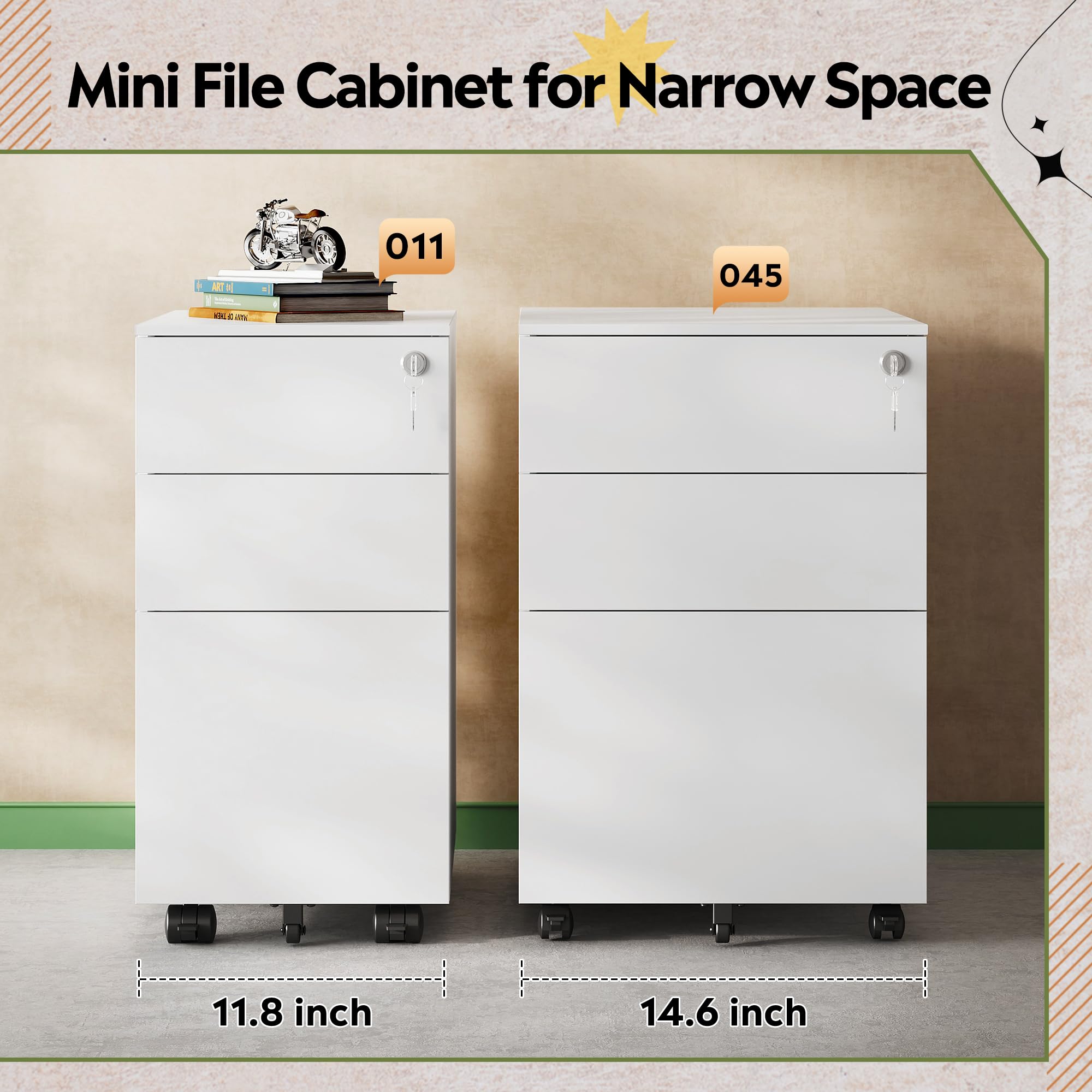 DEVAISE White File Cabinet, Small Filing Cabinet with 3 Drawers with Slim Width for Home Office, Rolling Under Desk Cabinet (11.8 inch)