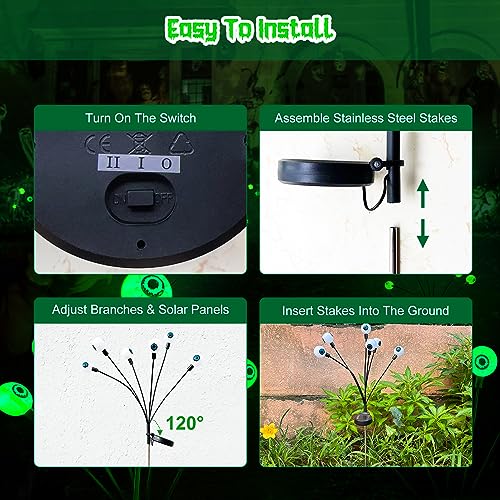 Halloween Decorations Outdoor - 2Pack 12LED Scary Solar Lights, Green Eyeball Firefly Lights, Swaying Waterproof Decor for Garden, Patio, Yard, Pathway