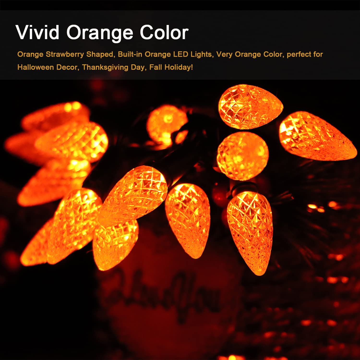 C6 Orange Halloween Lights, Waterproof 8 Mode Solar Halloween String Lights, 21Ft 50LED Orange Solar Christmas Lights C6 Strawberry Lights for Halloween Decoration Thanksgiving Day Christmas Holiday