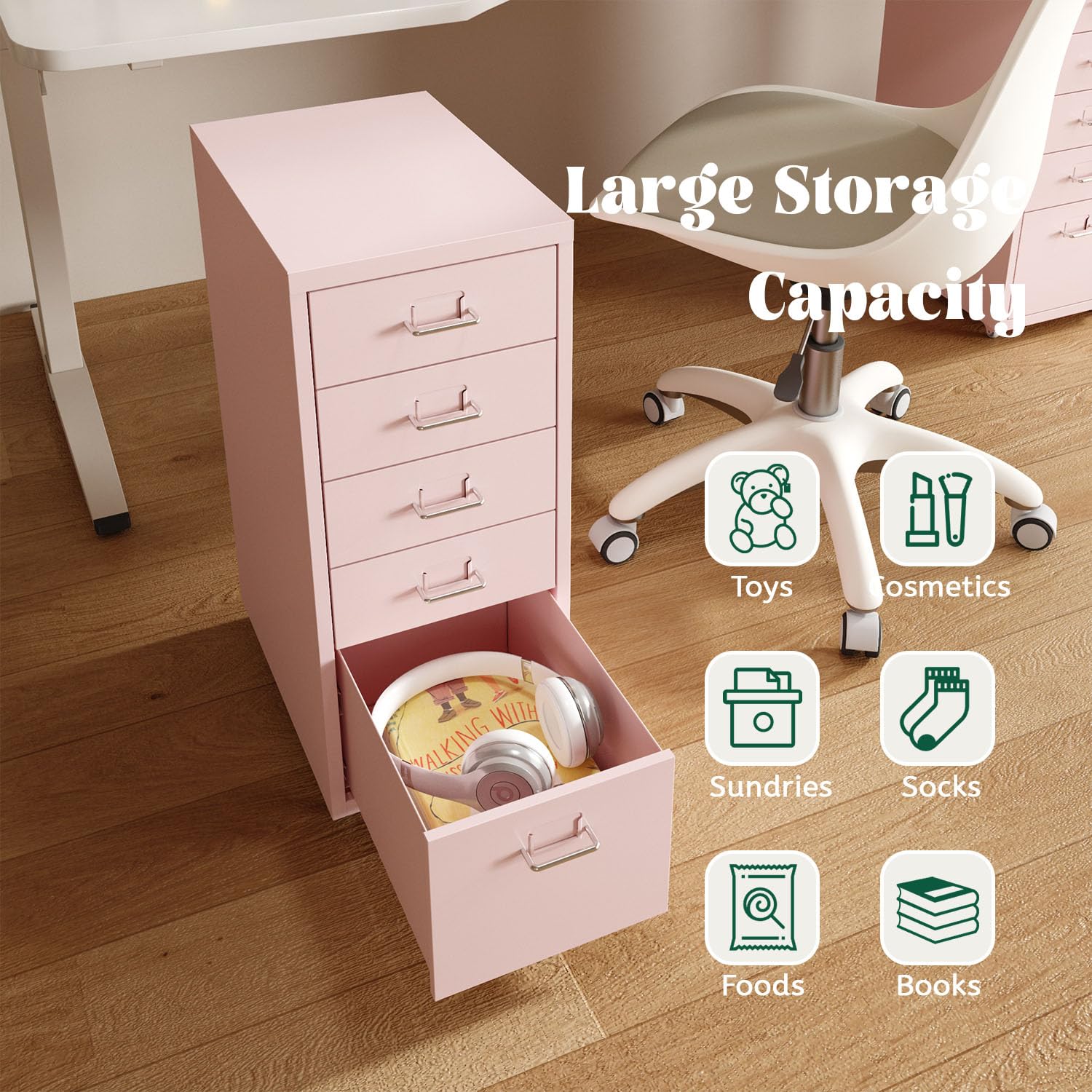 MIOCASA 5 Drawer Metal File Cabinet Mobile Underdesk Chest for Home Office (Pink)